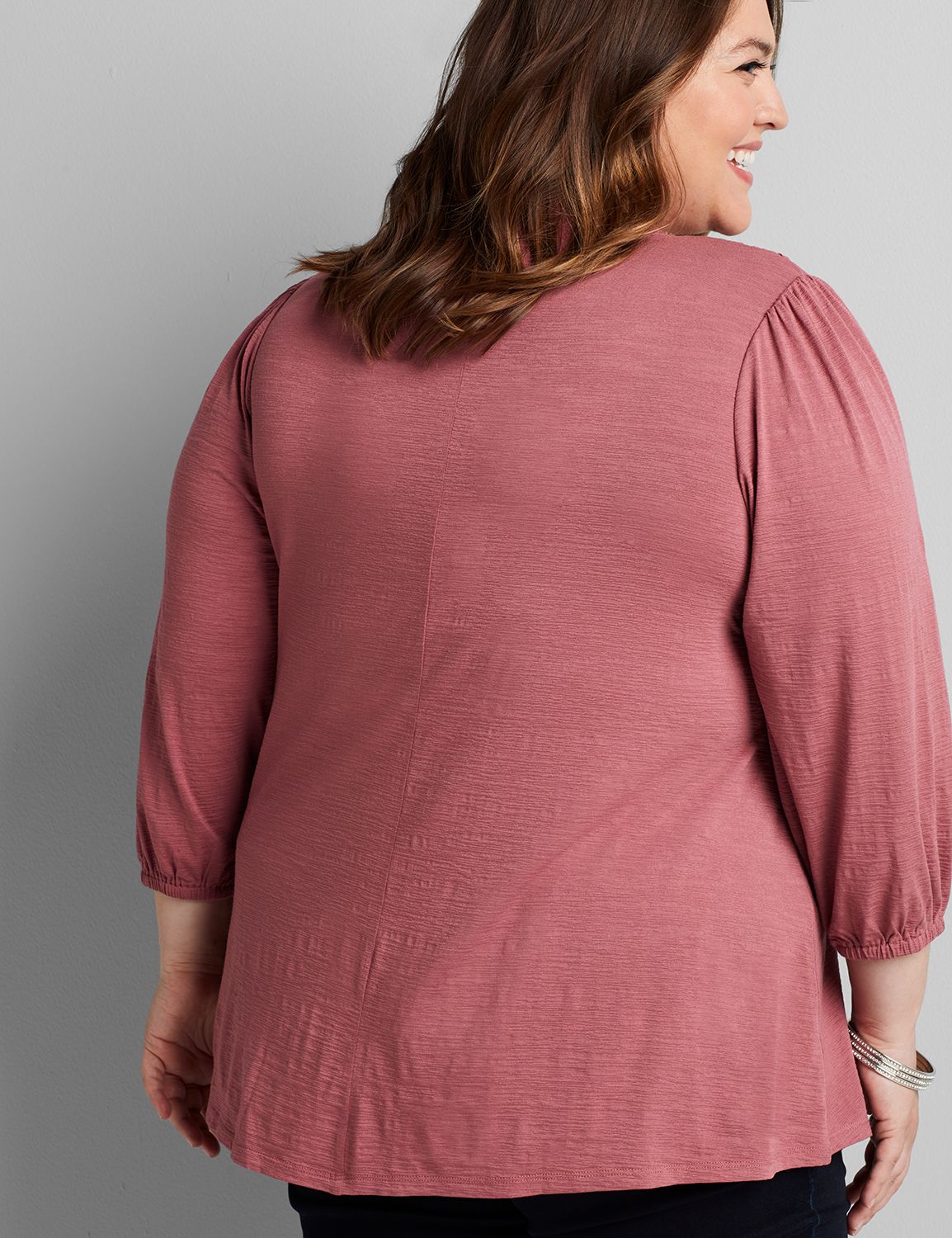 3/4 Sleeve Henley Swing Smocked Shoulders Top 1114814:Romantic Rose 61 ...