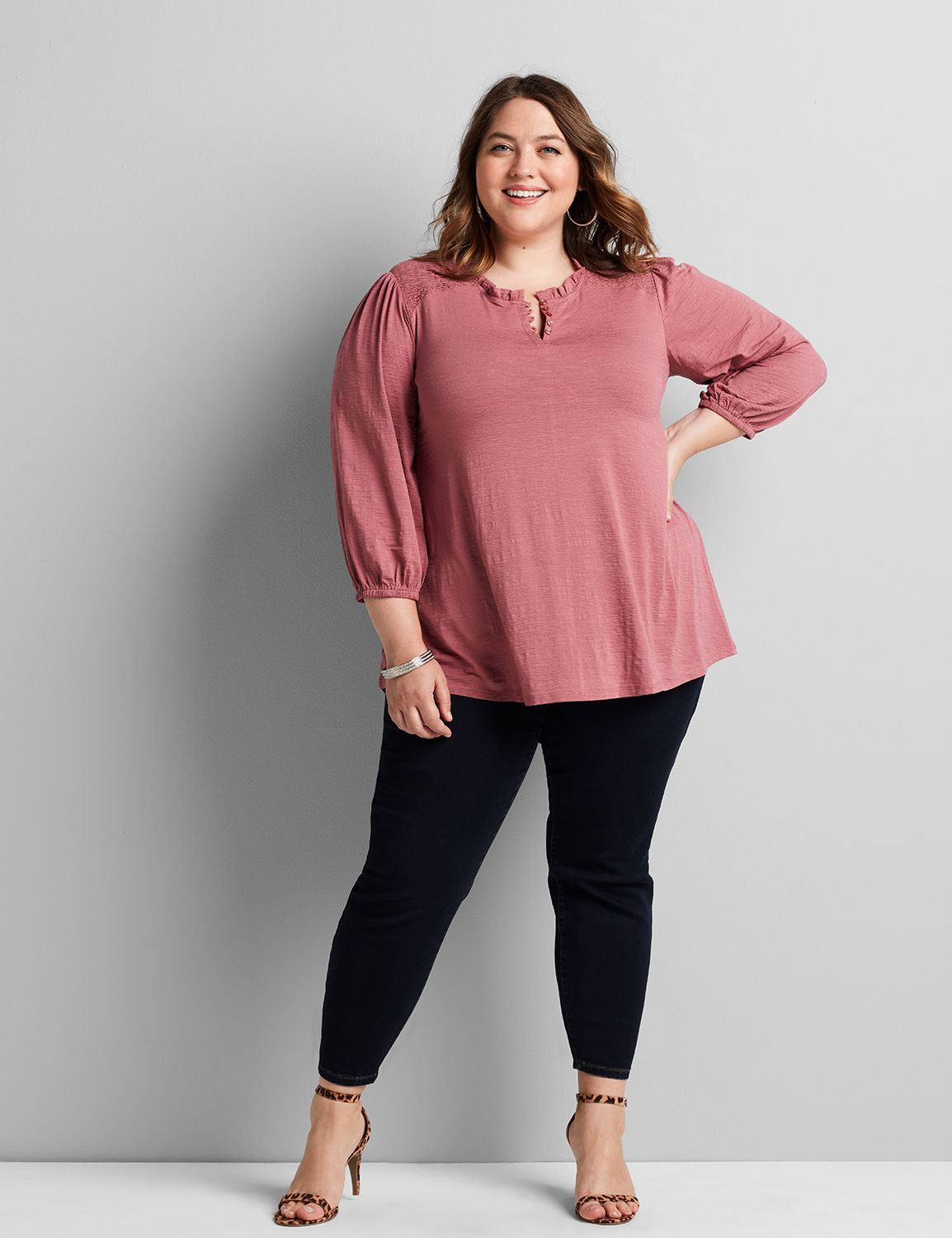 3/4 Sleeve Henley Swing Smocked Shoulders Top 1114814:Romantic Rose 61 ...