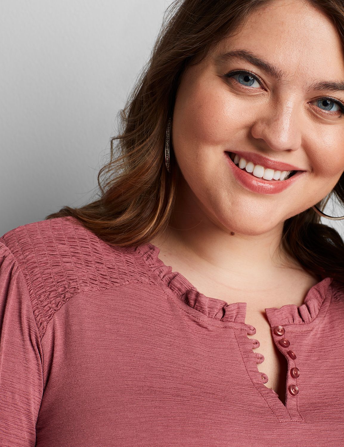 3/4 Sleeve Henley Swing Smocked Shoulders Top 1114814:Romantic Rose 61 ...