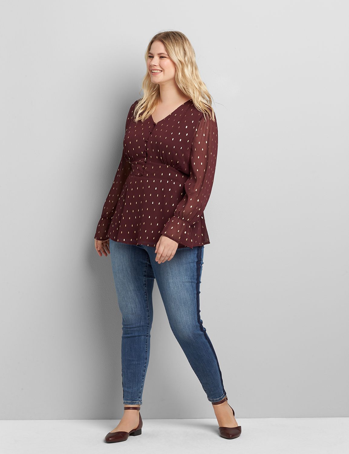 Foil-Dot Button-Front Peplum Top