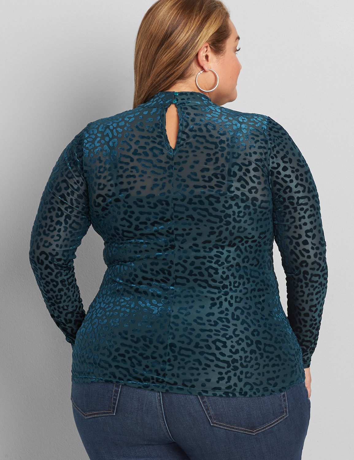 Mock-Neck Leopard Print Sheer Mesh Top