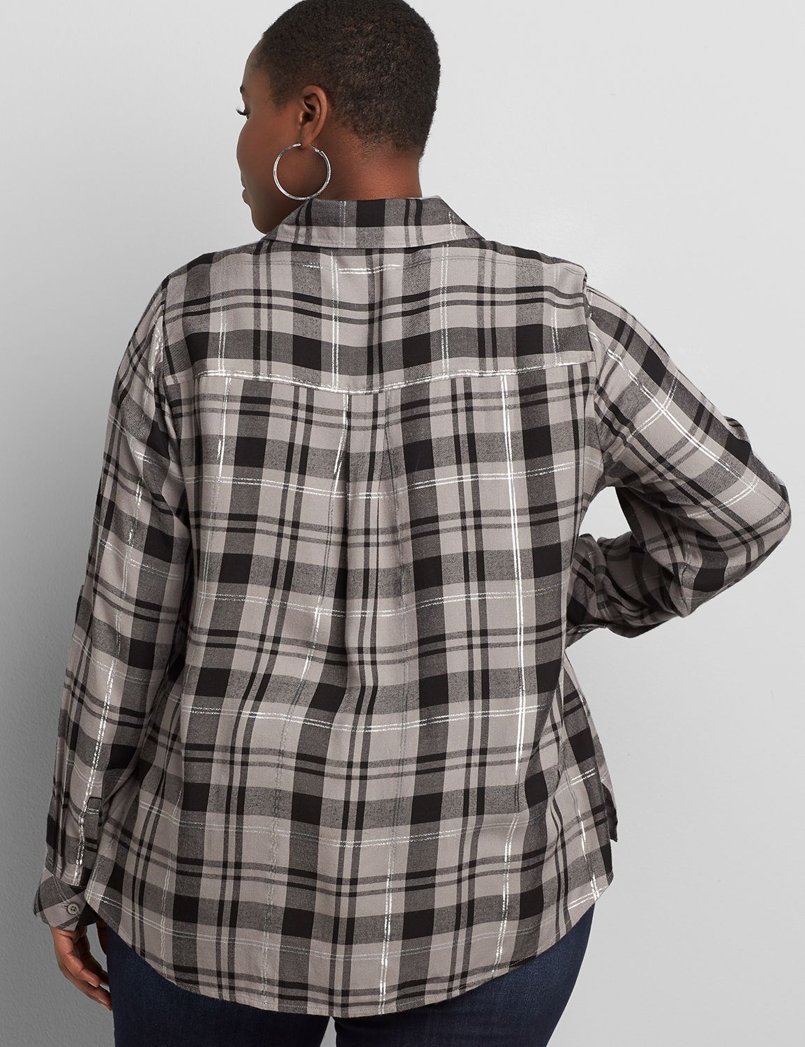 Long Sleeve Button Front Lurex Plaid Boyfriend Shirt 1117085:LBH20240 ...