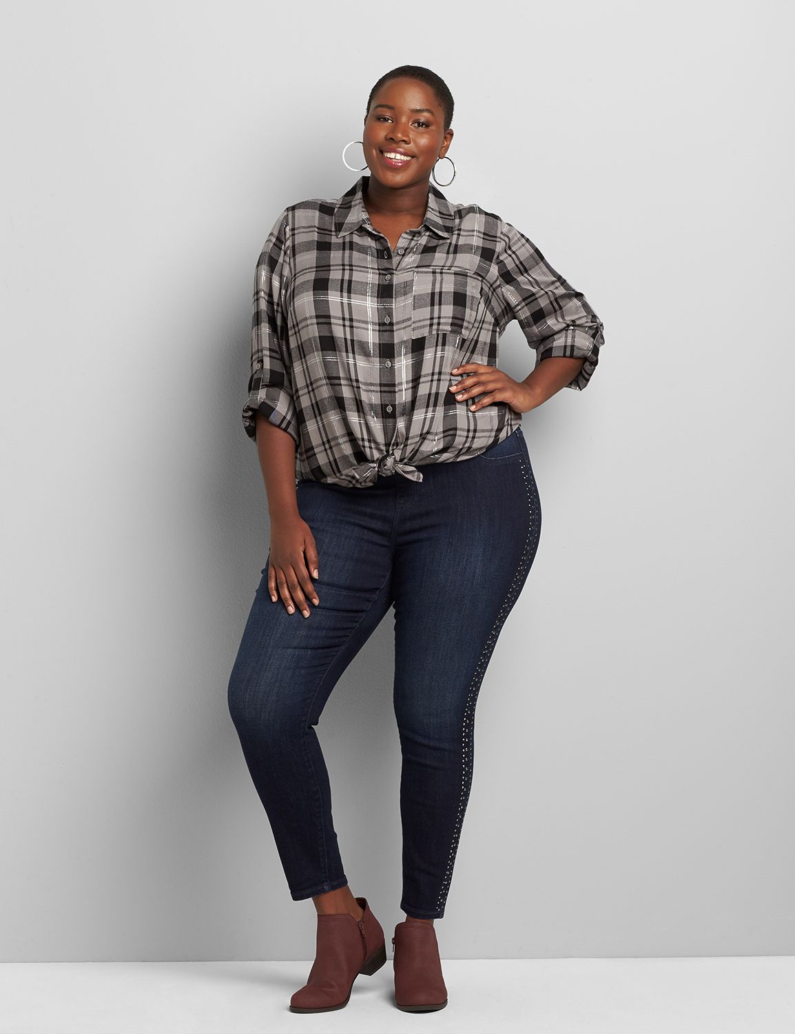 Long Sleeve Button Front Lurex Plaid Boyfriend Shirt 1117085:LBH20240 ...