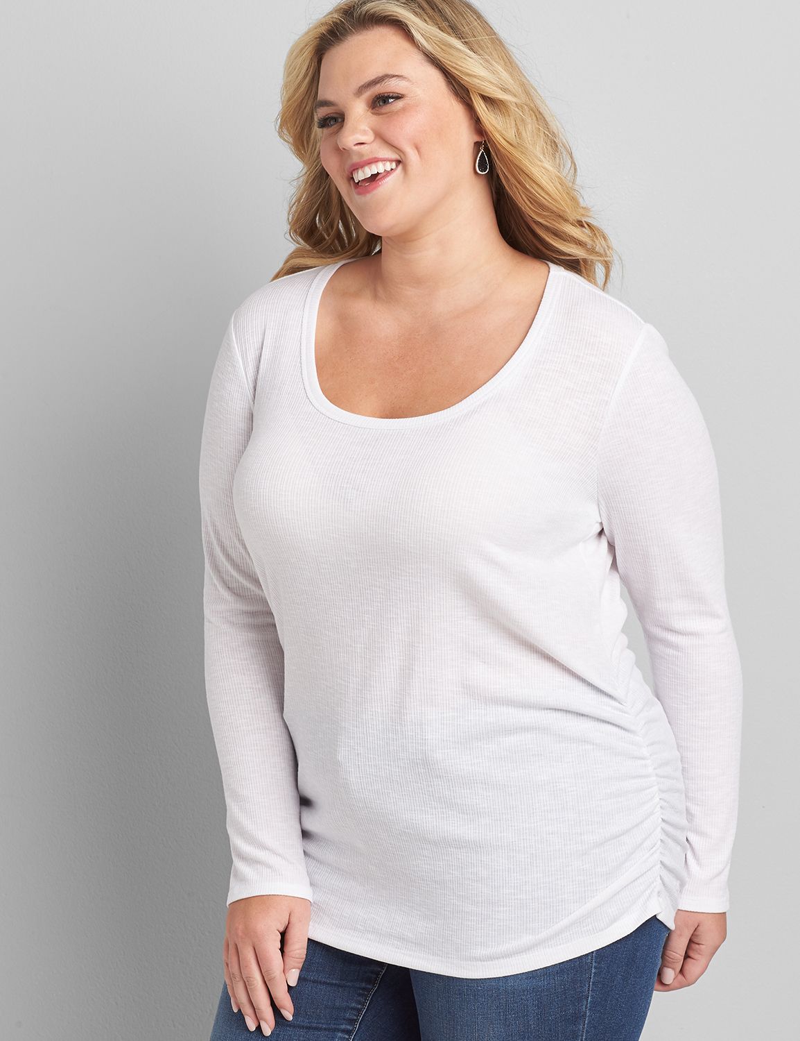 Long-Sleeve Ribbed Ruched Side Tee