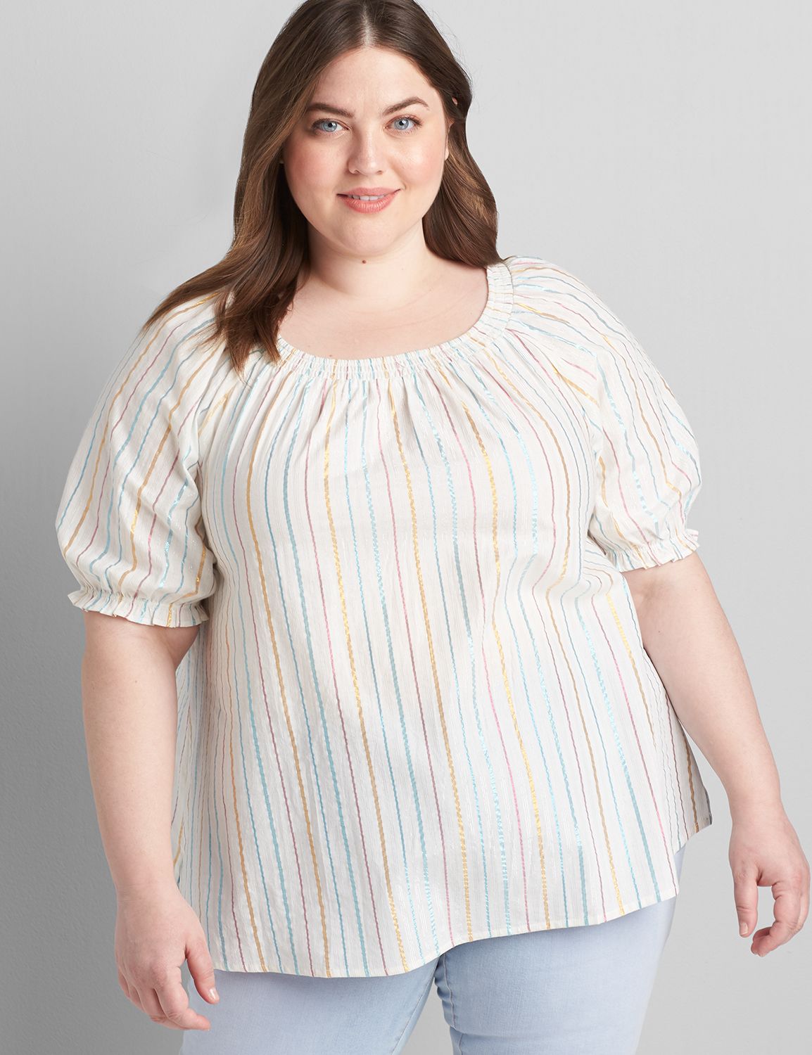 Elbow Puff Sleeve Crew Smocked Neck