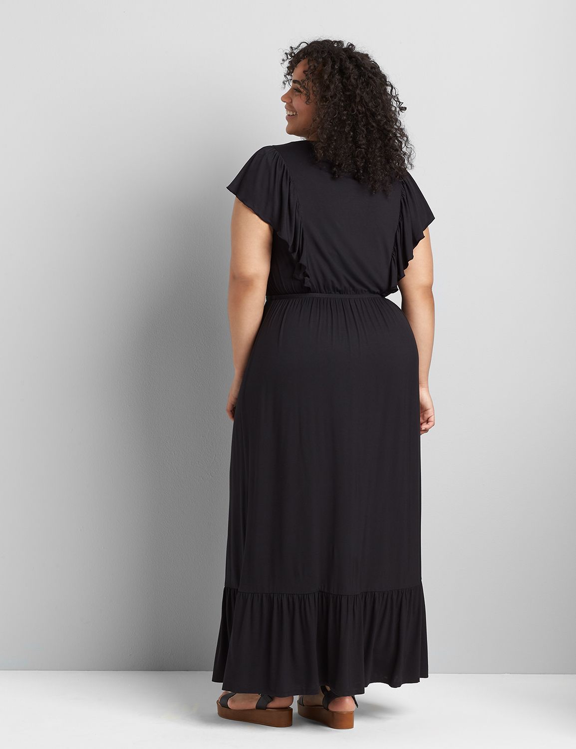 Short Ruffle Sleeve Open Crew Neck Maxi Dress1120885:Ascena Black:26/28