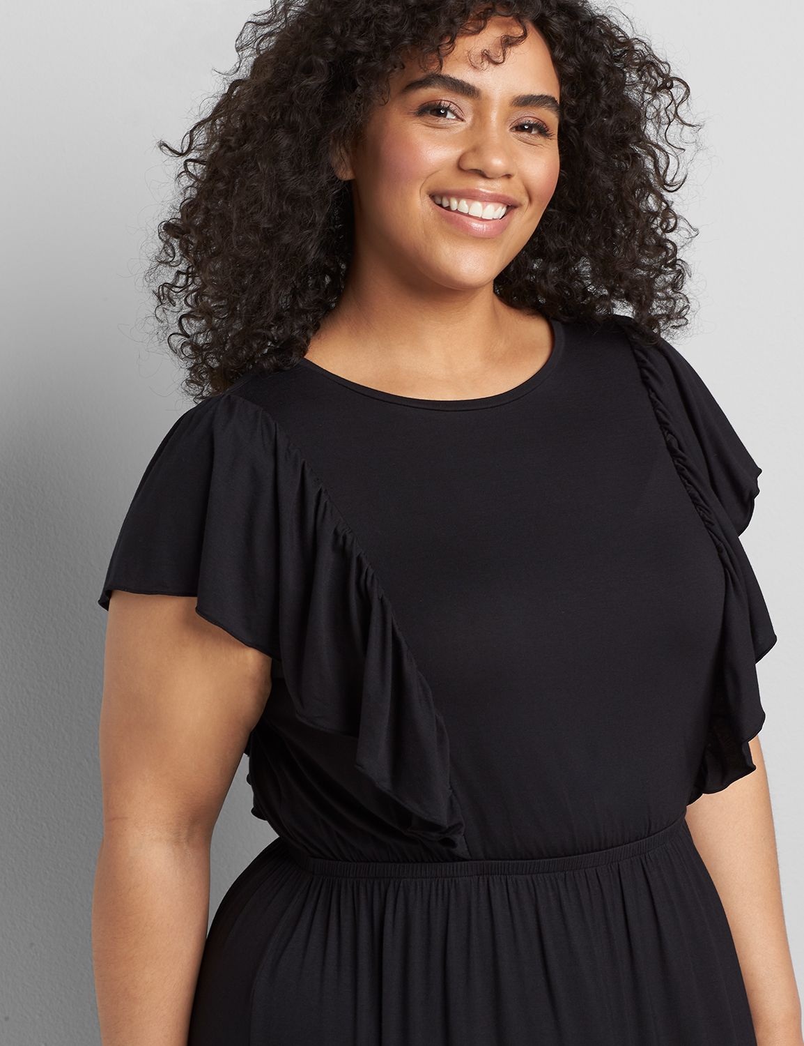 Short Ruffle Sleeve Open Crew Neck Maxi Dress1120885:Ascena Black:26/28