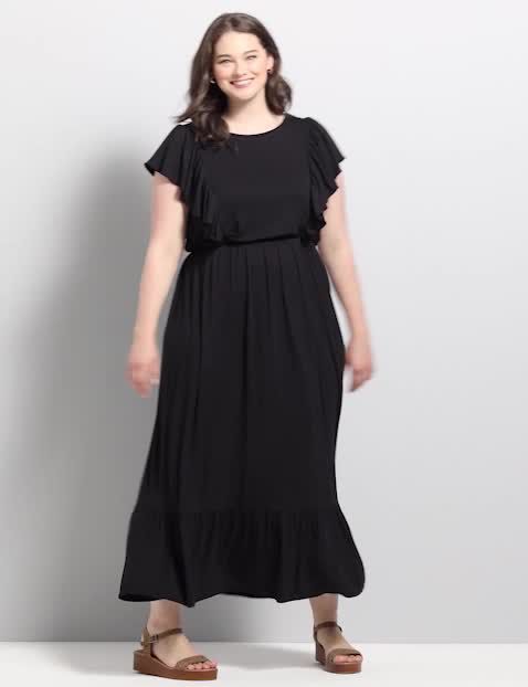 Short Ruffle Sleeve Open Crew Neck Maxi Dress1120885:Ascena Black:26/28