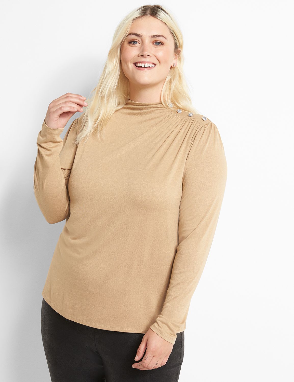 Mock-Neck Top With Crystal Buttons