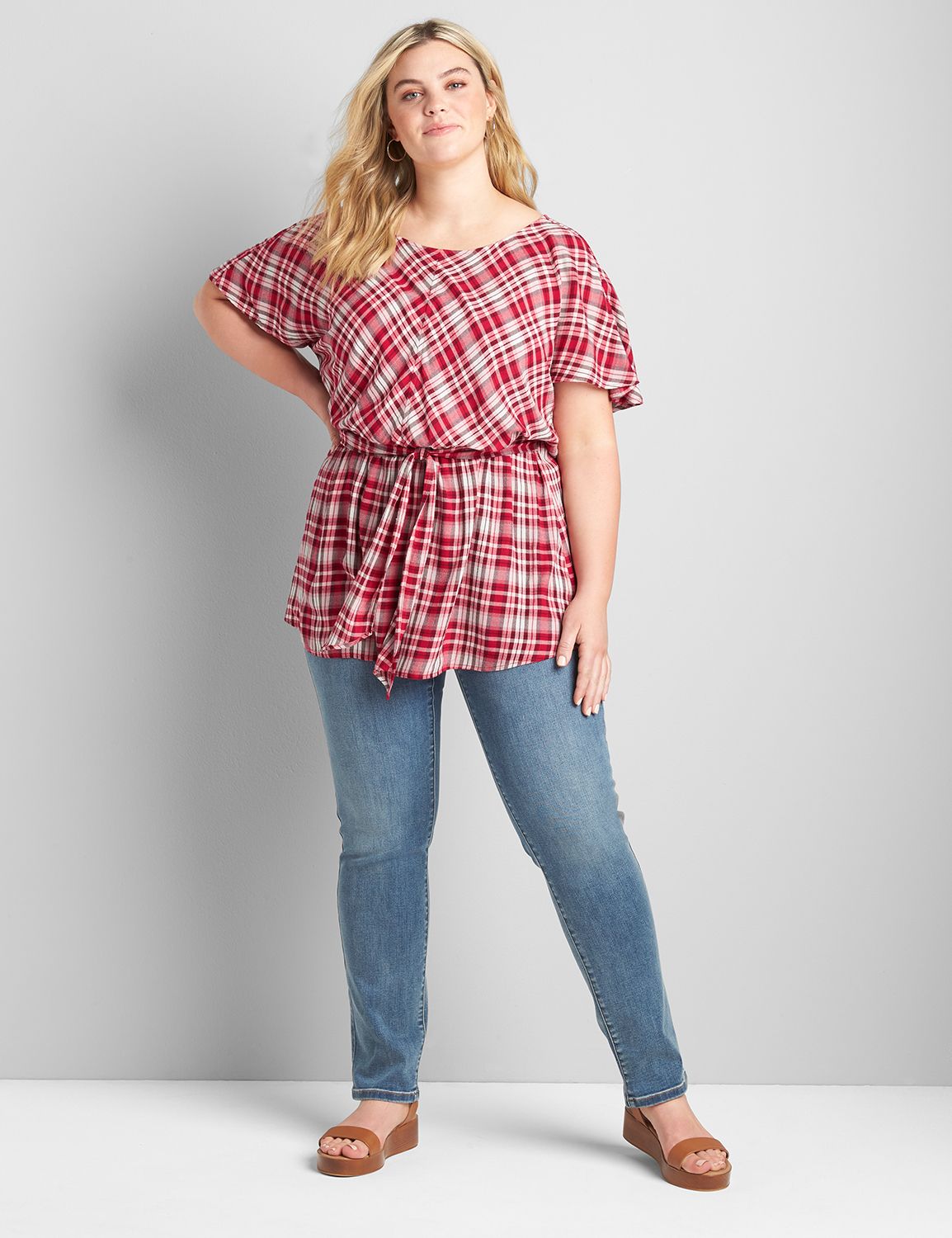 Short-Sleeve Belted Plaid Top