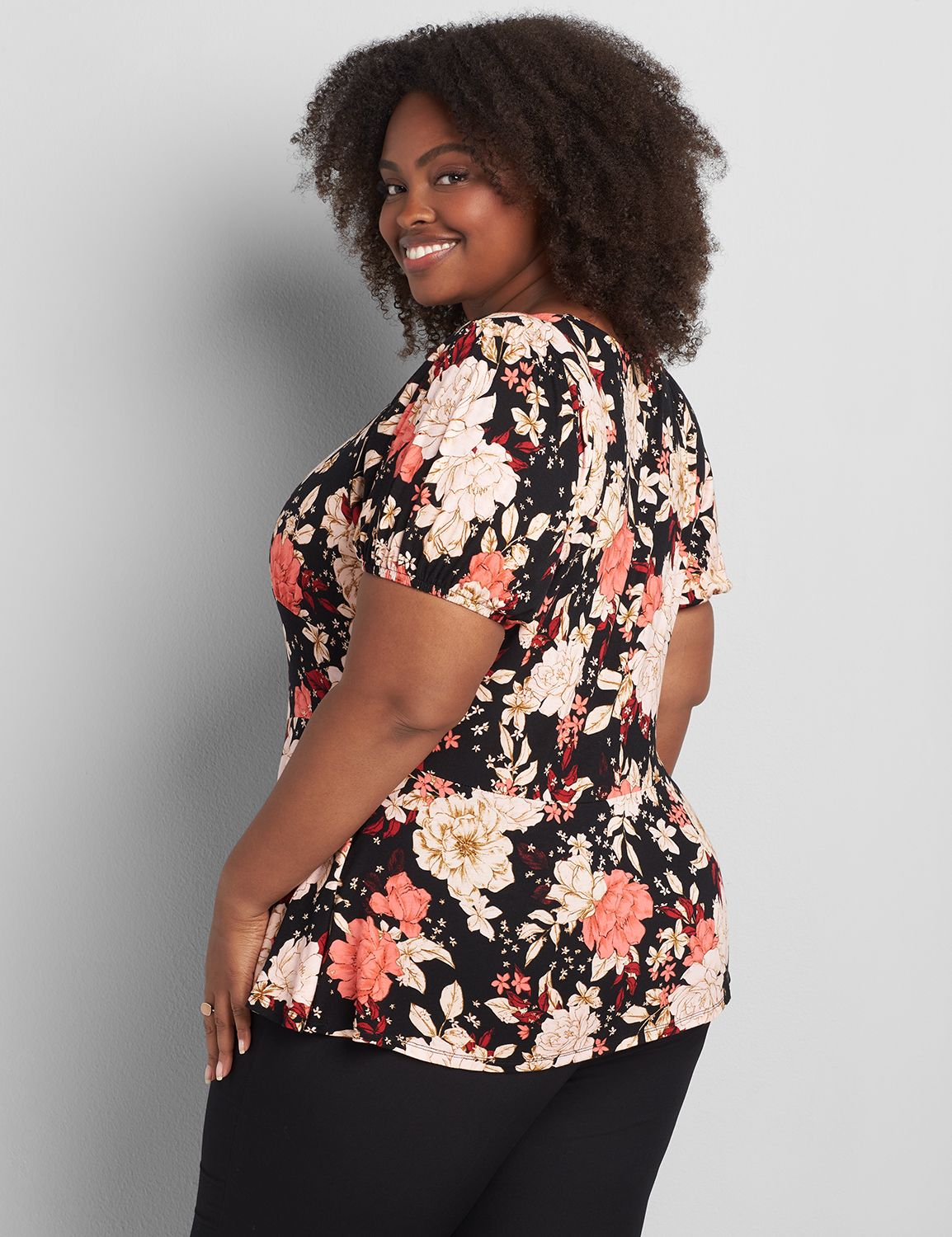 Princess-Sleeve Button-Front Peplum Top