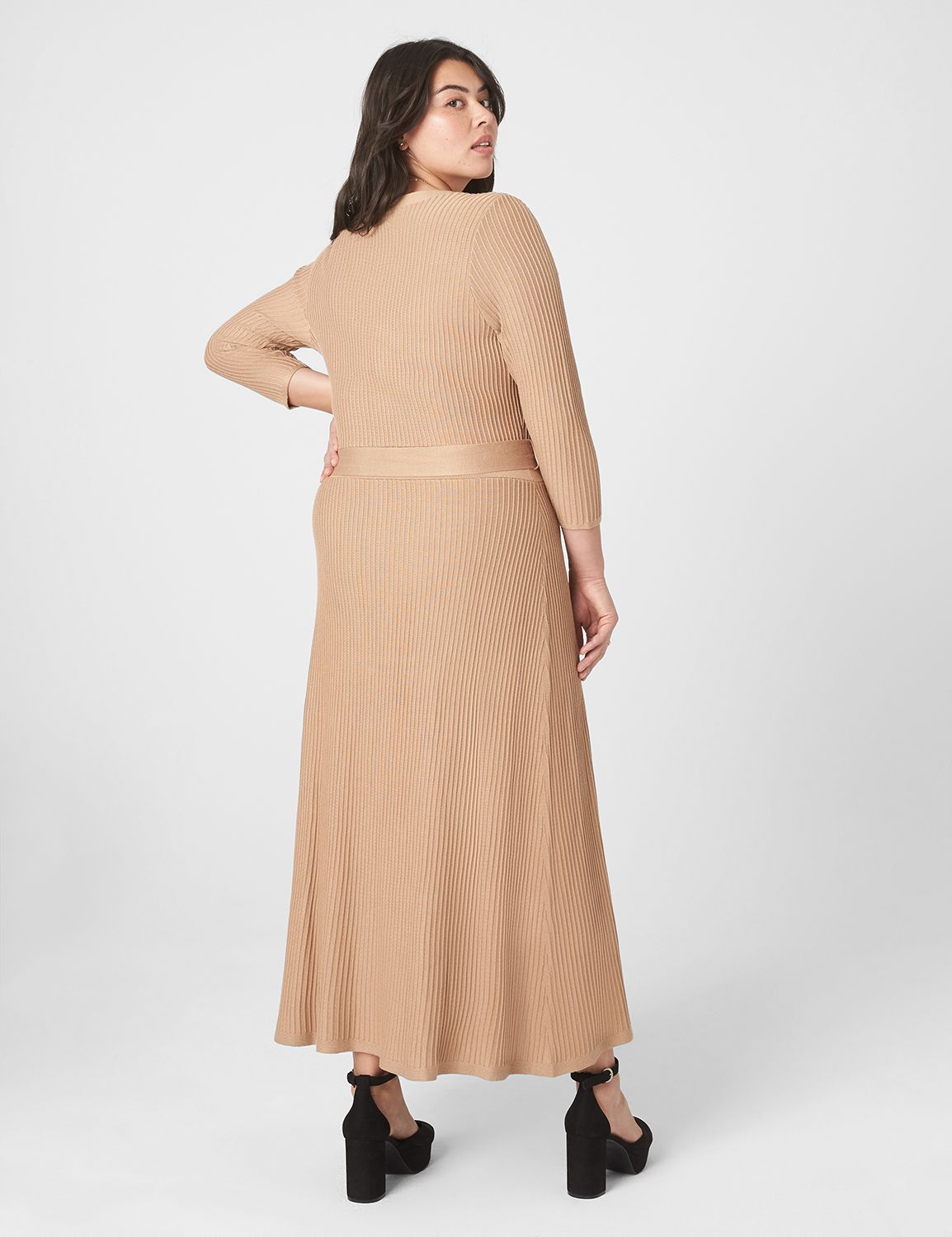 3/4 Sleeve V Neck Button Front Belt