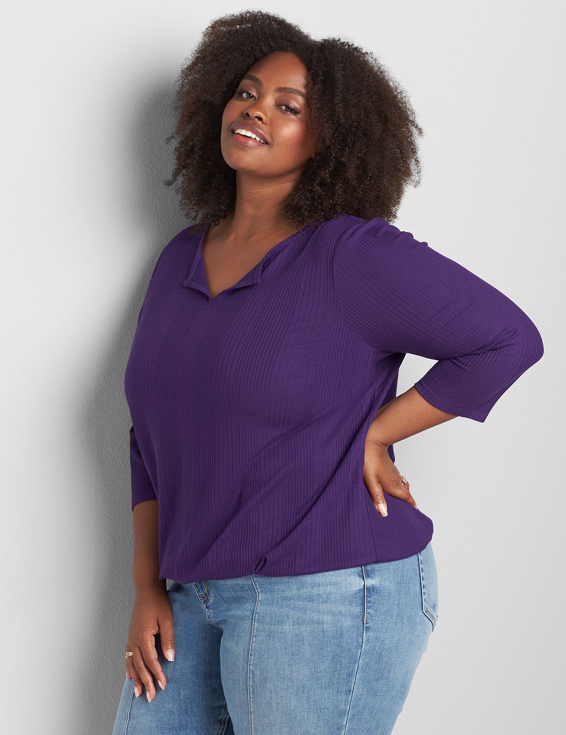 Notch-Neck Elastic-Hem Rib Tee