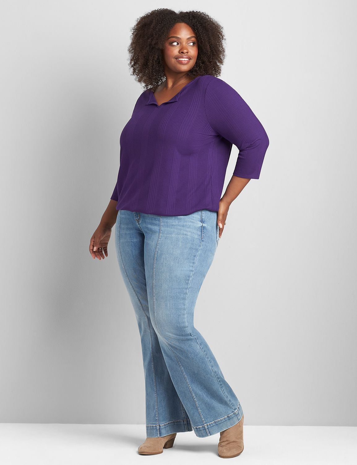 Notch-Neck Elastic-Hem Rib Tee