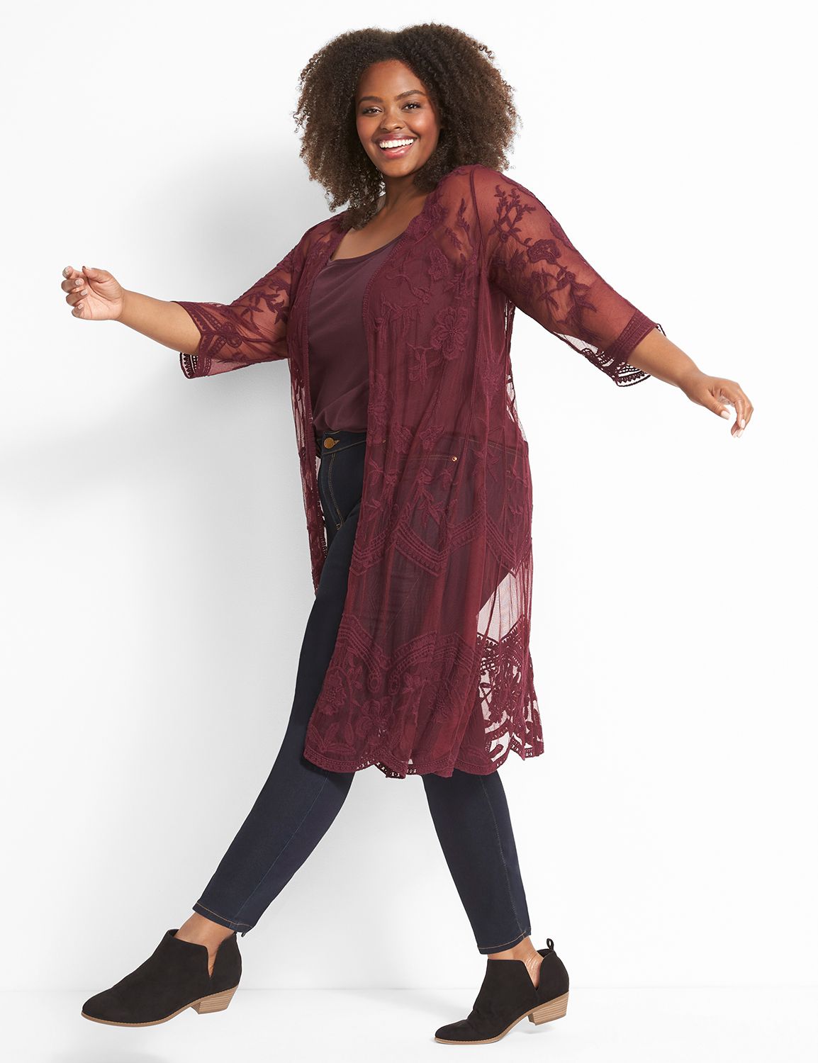 Medium-Sleeve Embroidered Mesh Duster
