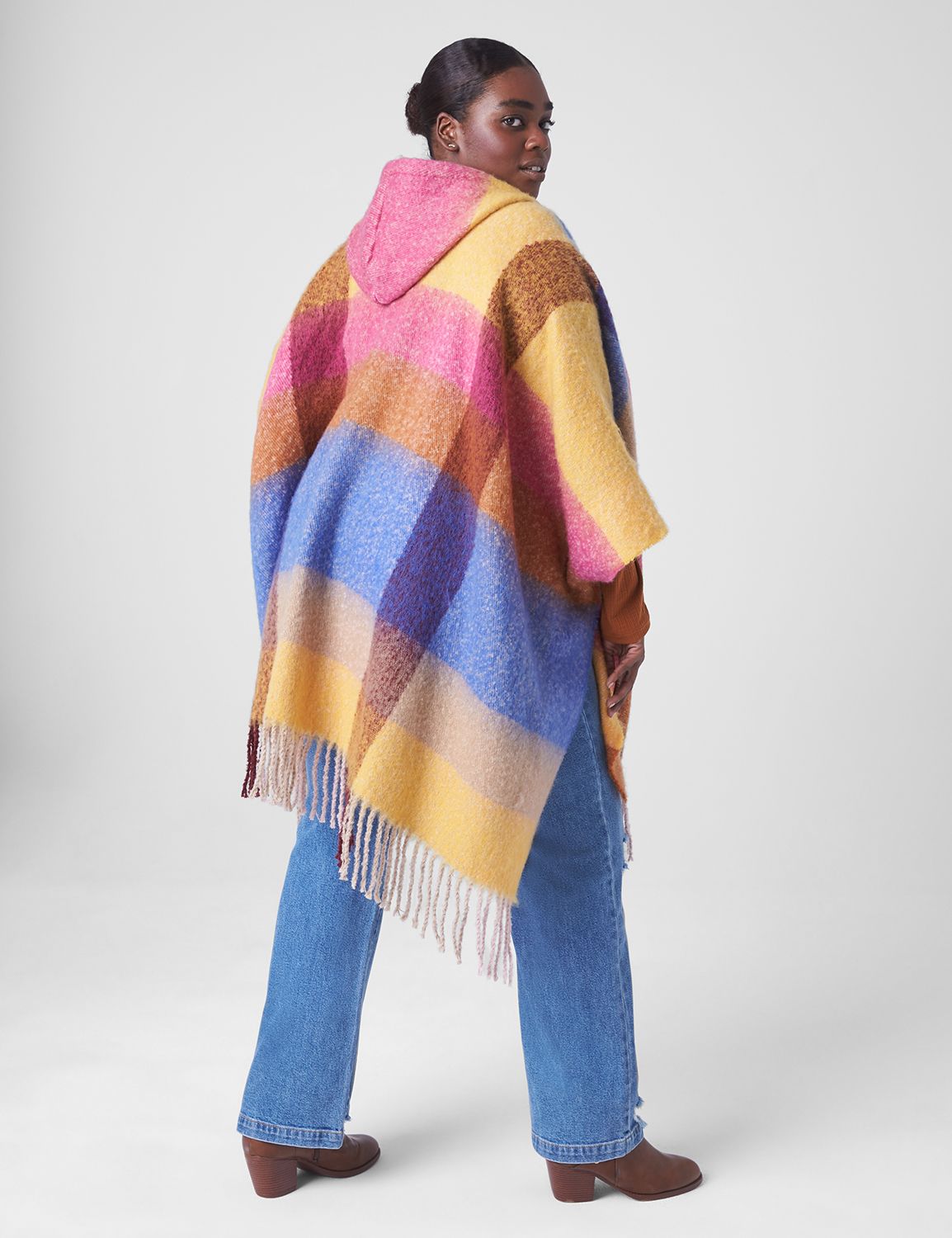 LARGE CHECK HOODED PONCHO