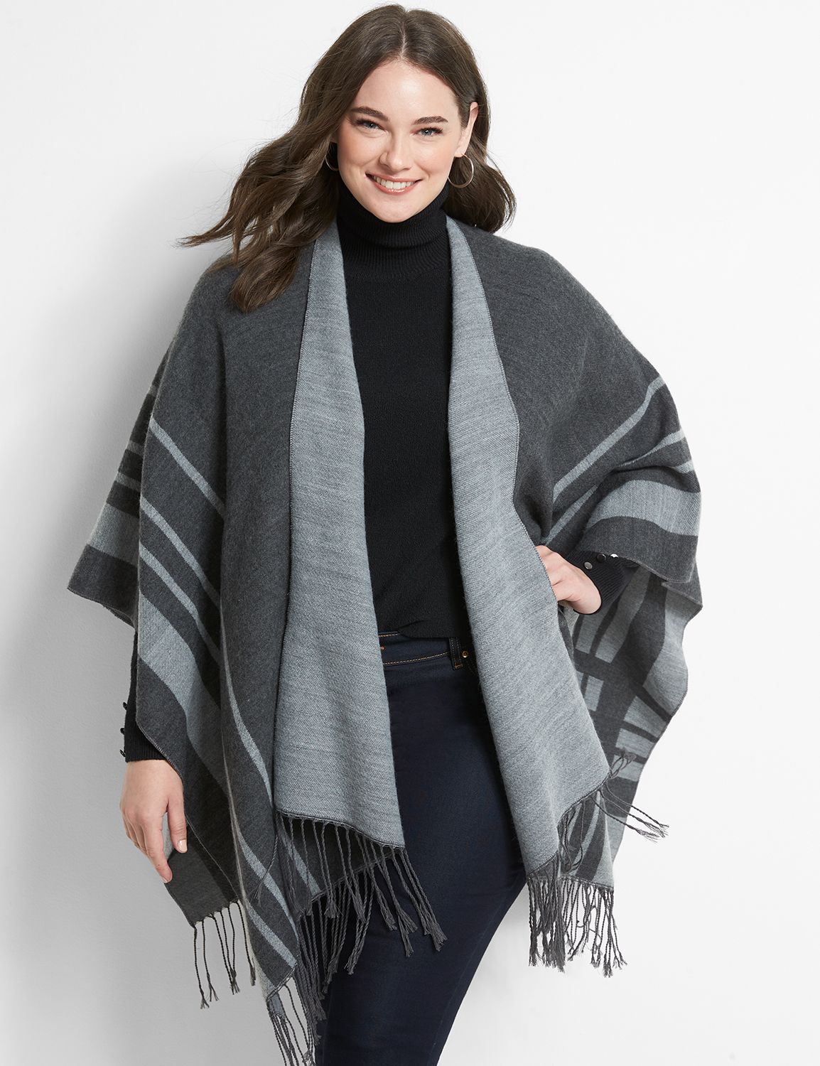 Reversible Fringe Poncho - Stripe