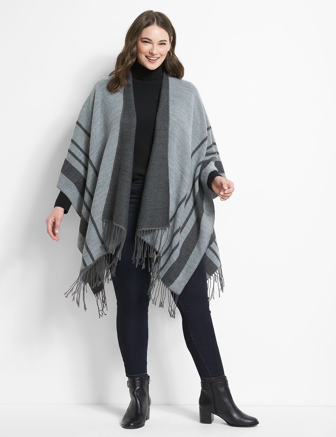 Reversible Fringe Poncho - Stripe