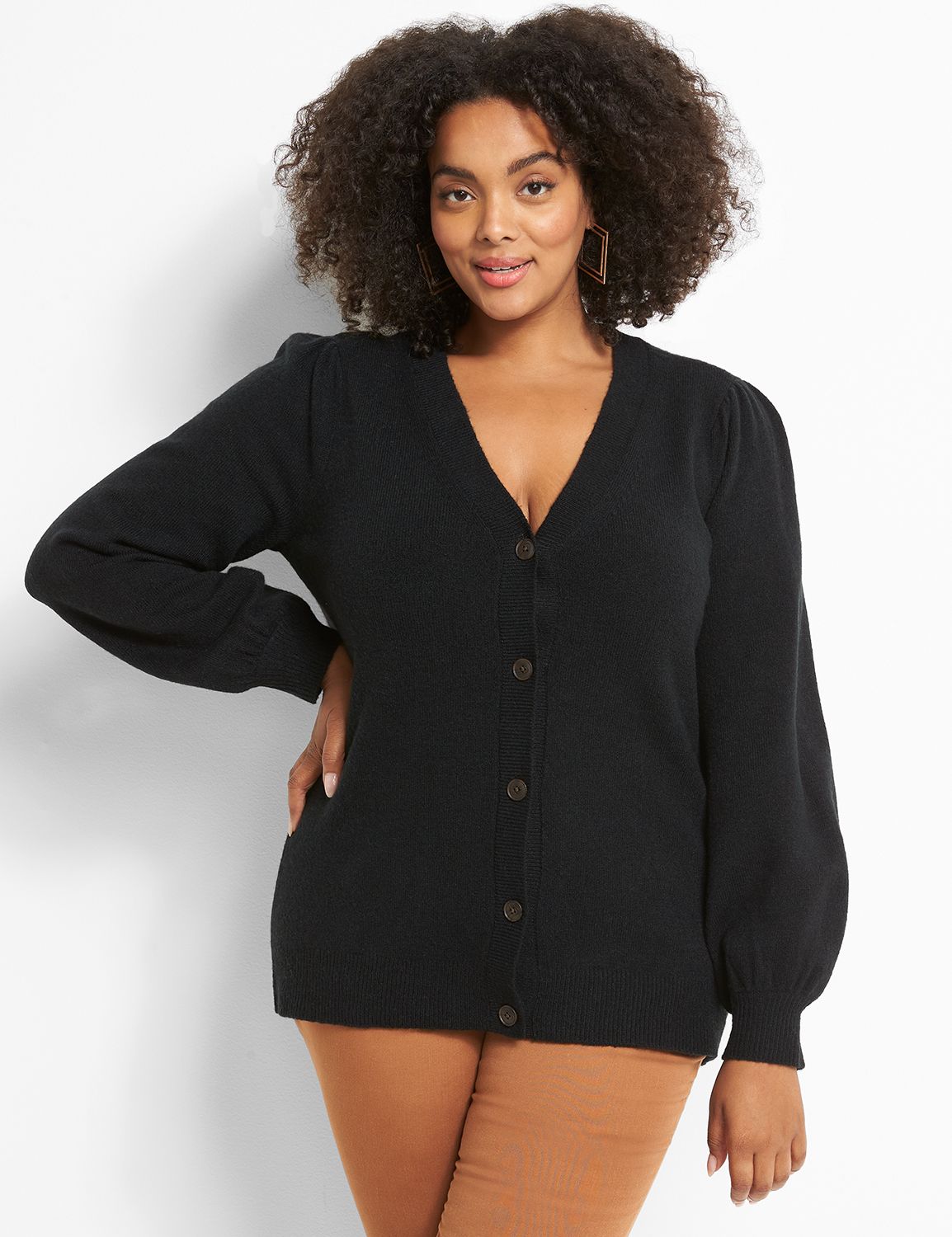 Blouson-Sleeve Button-Front Cardigan