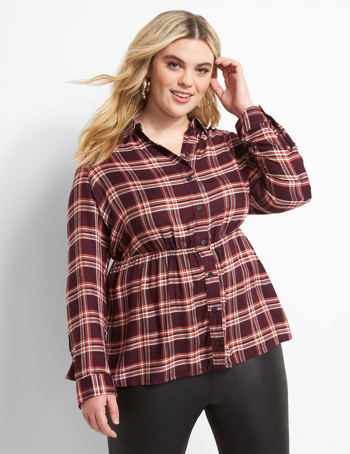No-Peek Button-Front Plaid Elastic-Waist Top