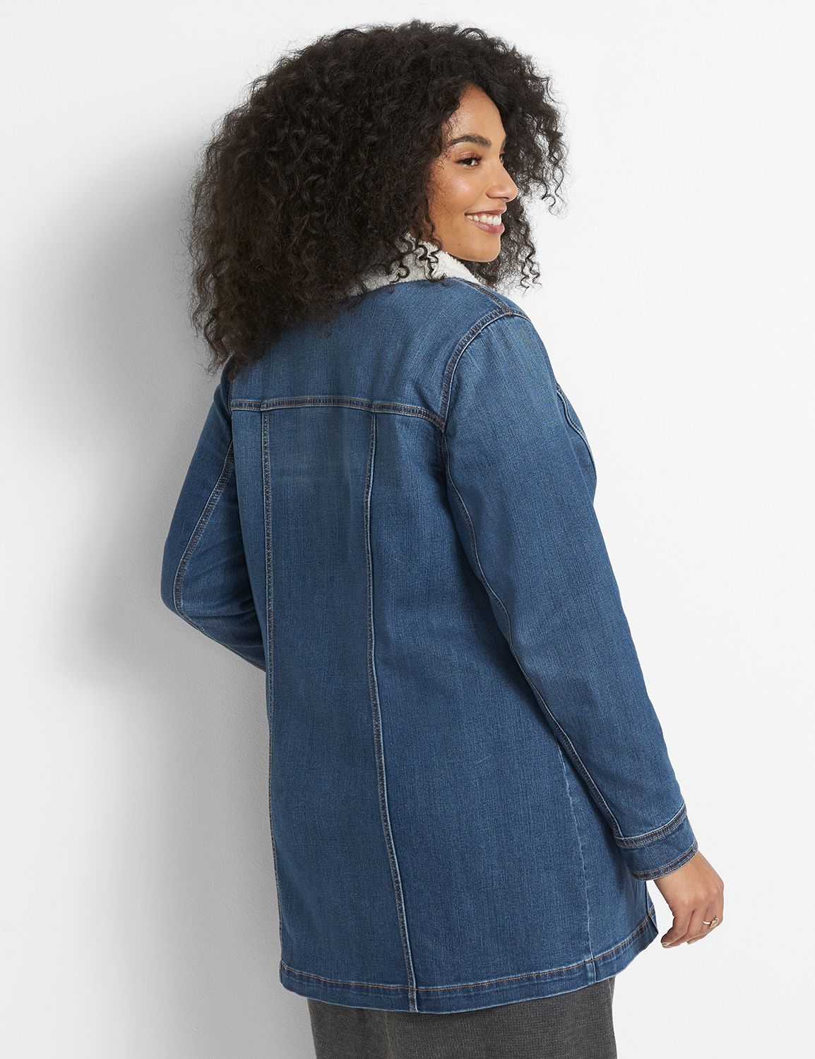 Midi Denim Jacket - Medium Wash With Sherpa