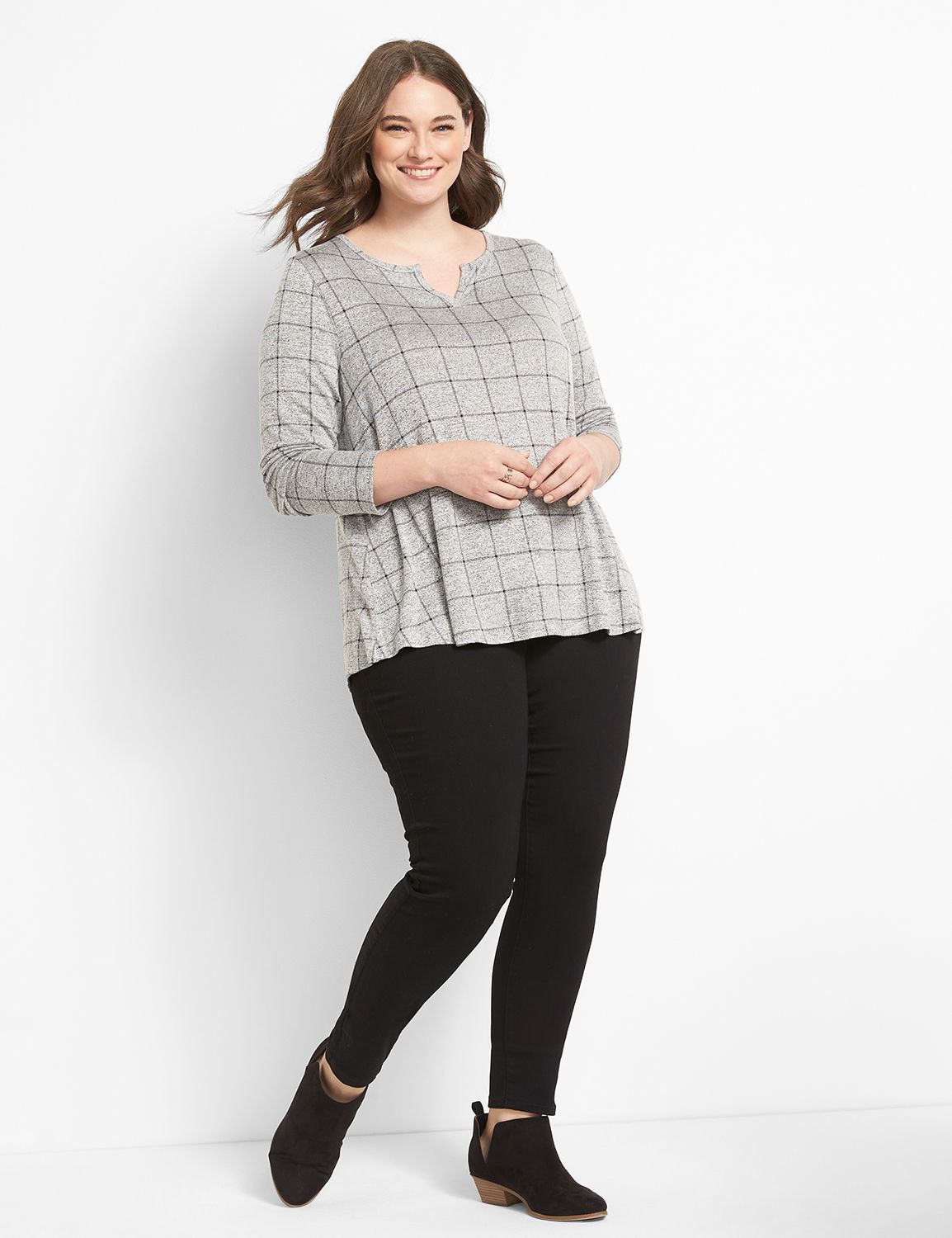 Long Sleeve Notch Neck Swing Tee Print 1123731:LBH21201_AlpsPlaid_CW1:26/28