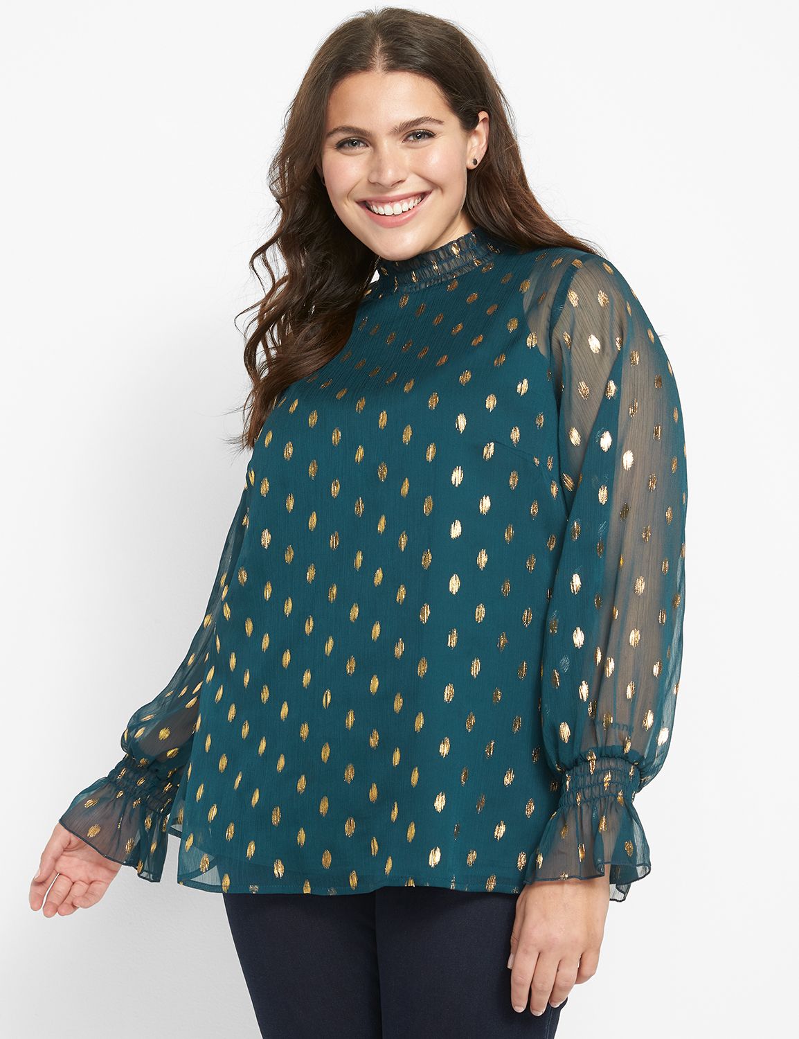 Mock-Neck Ruffle-Cuff Blouse