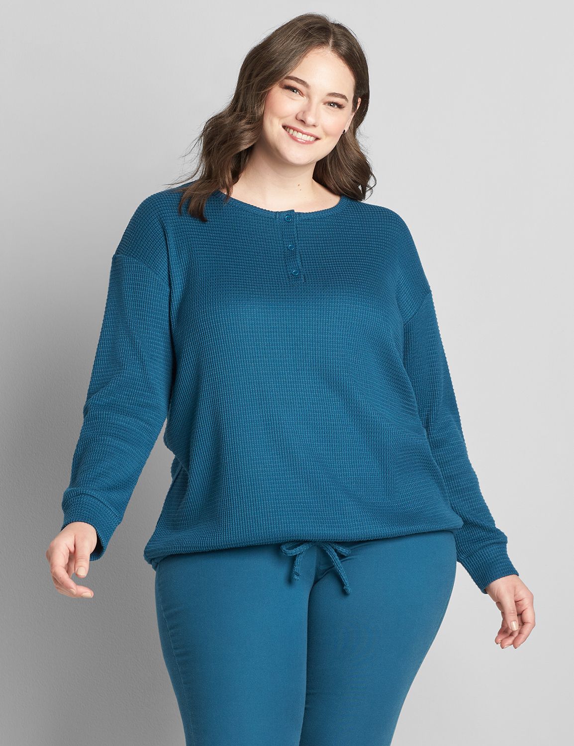 Henley Knit Top With Drawstring Hem