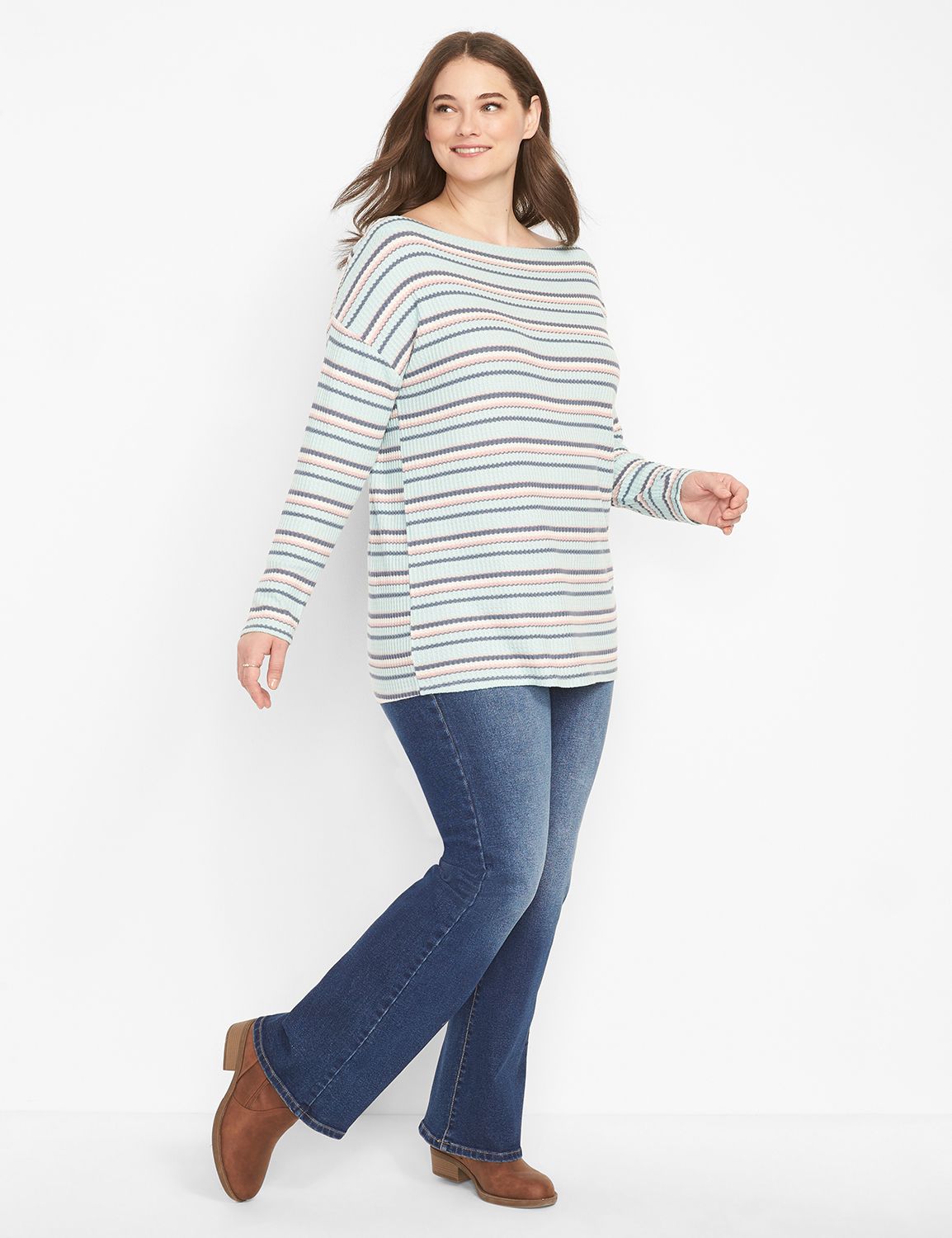 Wide Boat Neck Tunic - Striped Waffle