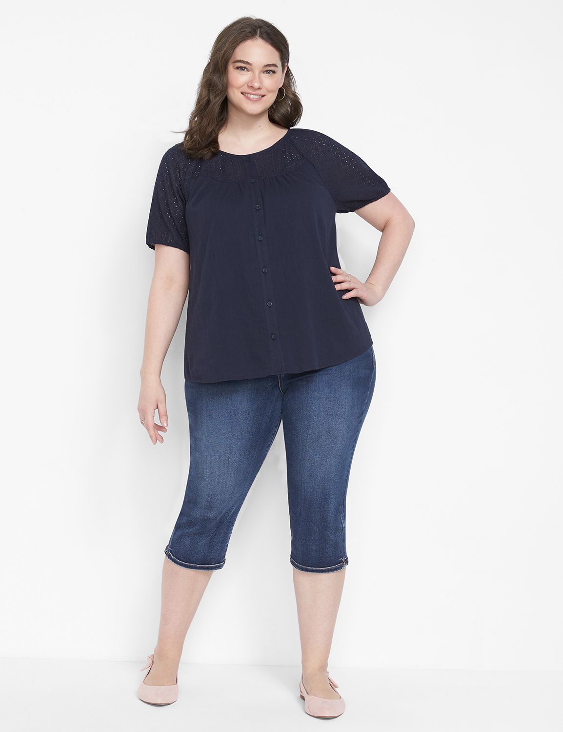 Short Sleeve Crew Neck Button Down