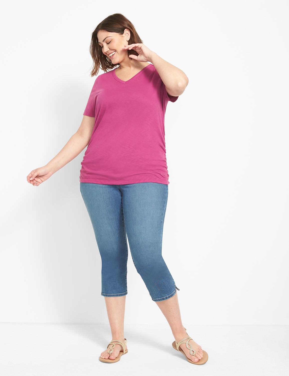 Short Sleeve V neck Side Ruched Tee