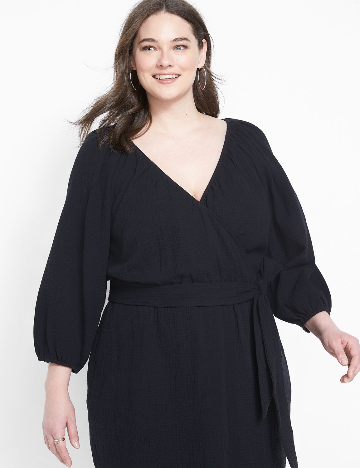 3/4-Sleeve Elastic Surplice-Neck Dress