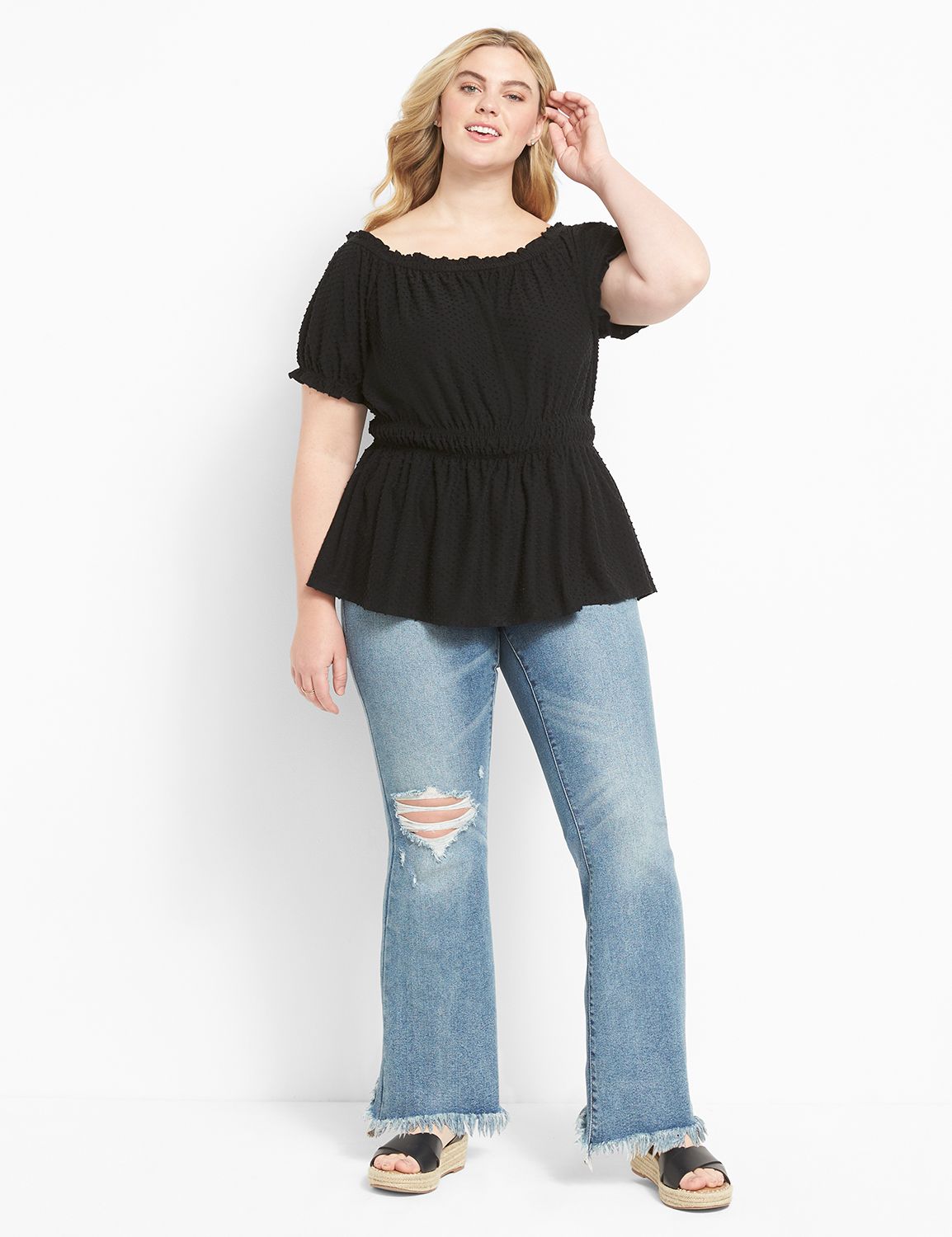 Short Blouson Sleeve Portrait Neck