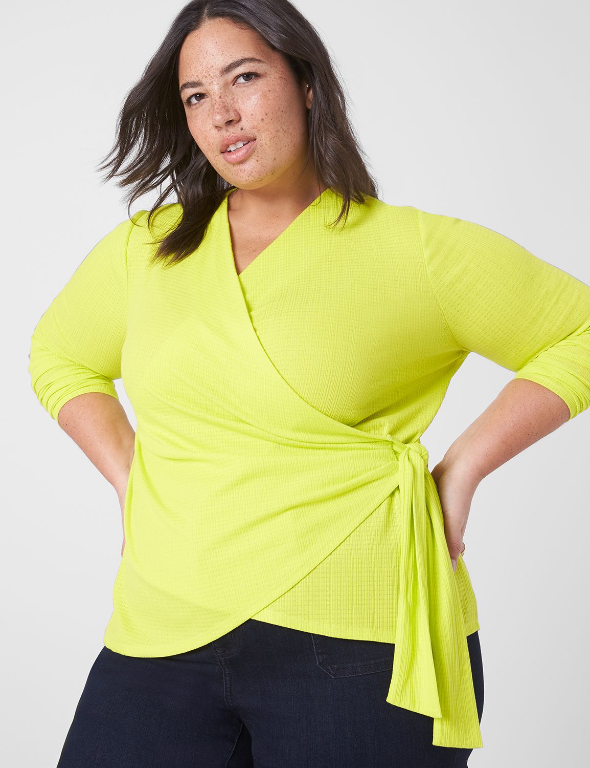 Long Sleeve V Neck Wrap In Waffle J | LaneBryant
