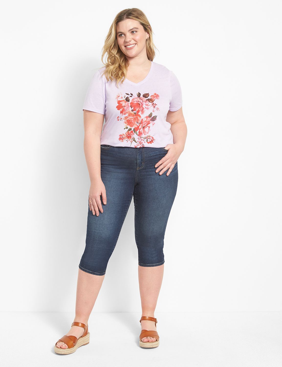 SS V-Neck Straight Hem Tee Graphic