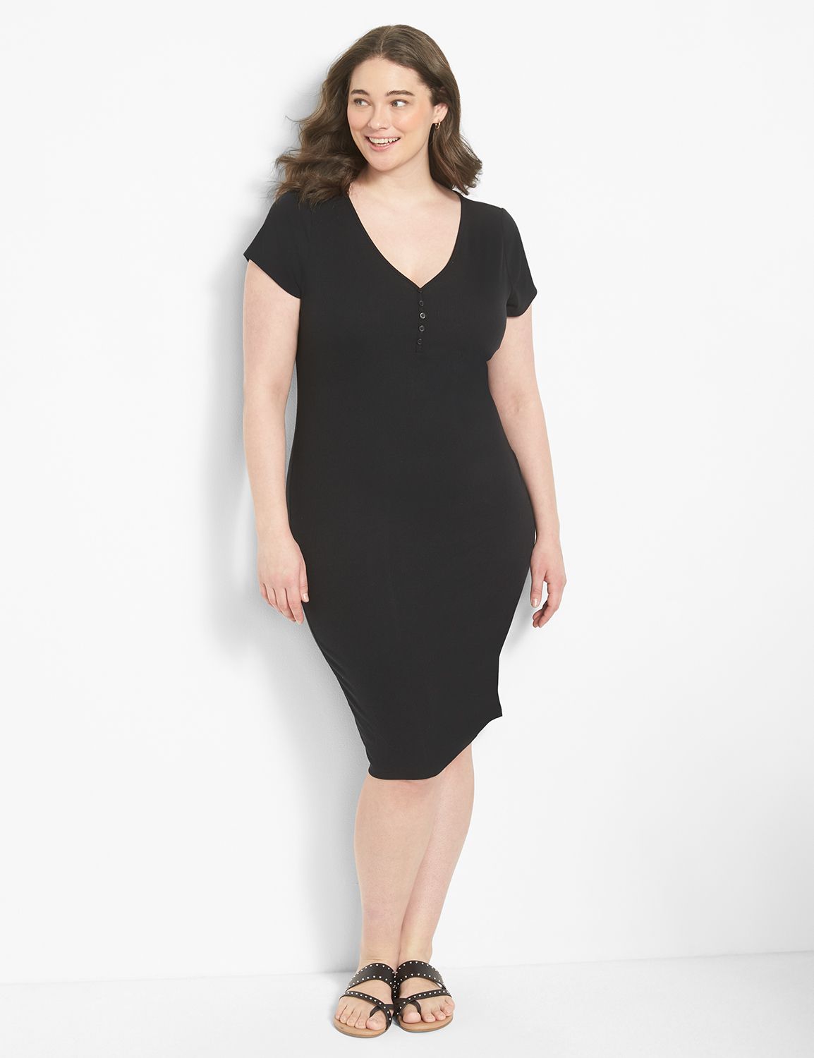 Short-Sleeve V-Neck Ribbed Dress