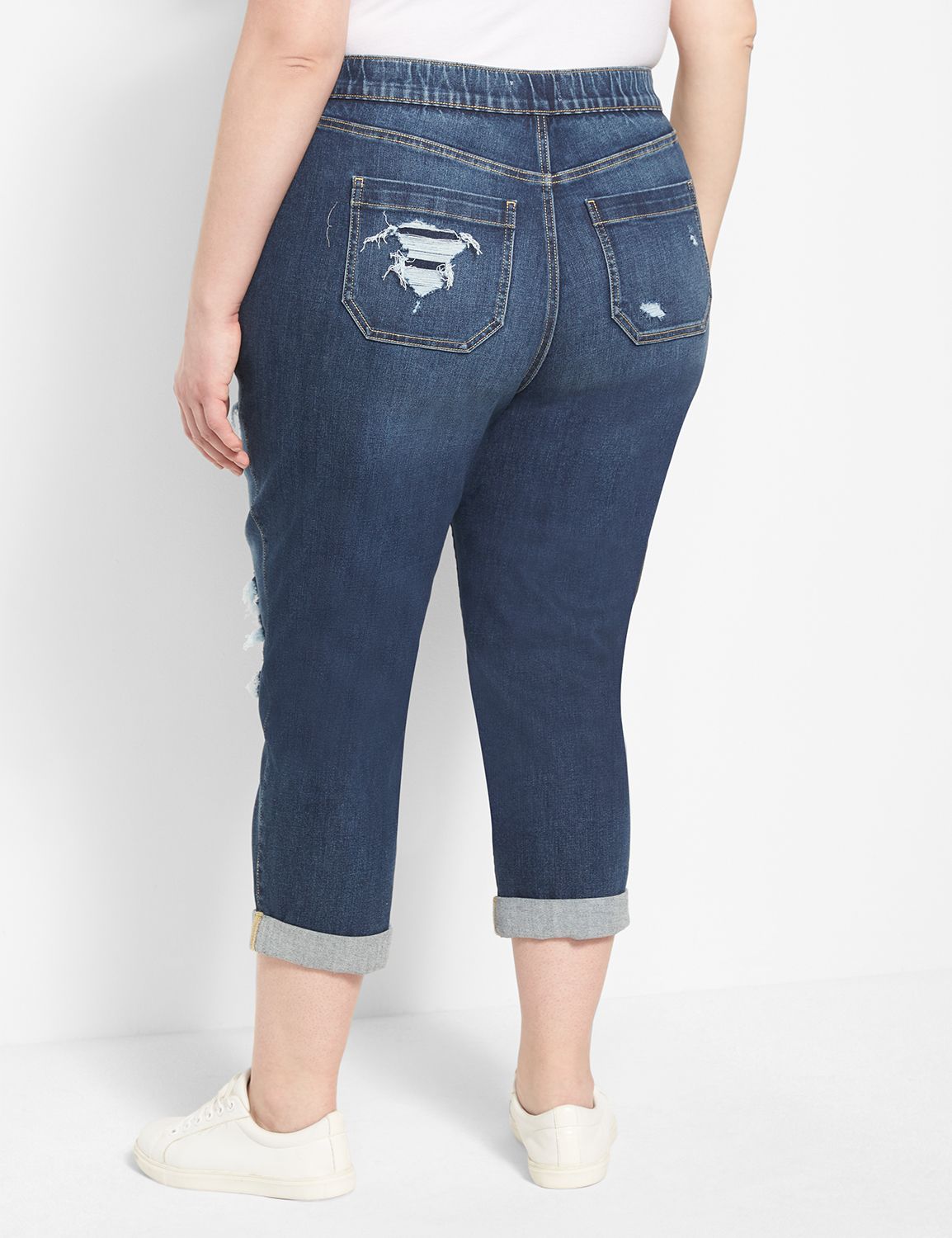 Pull-On Boyfriend Capri Jean - Destructed Dark Wash