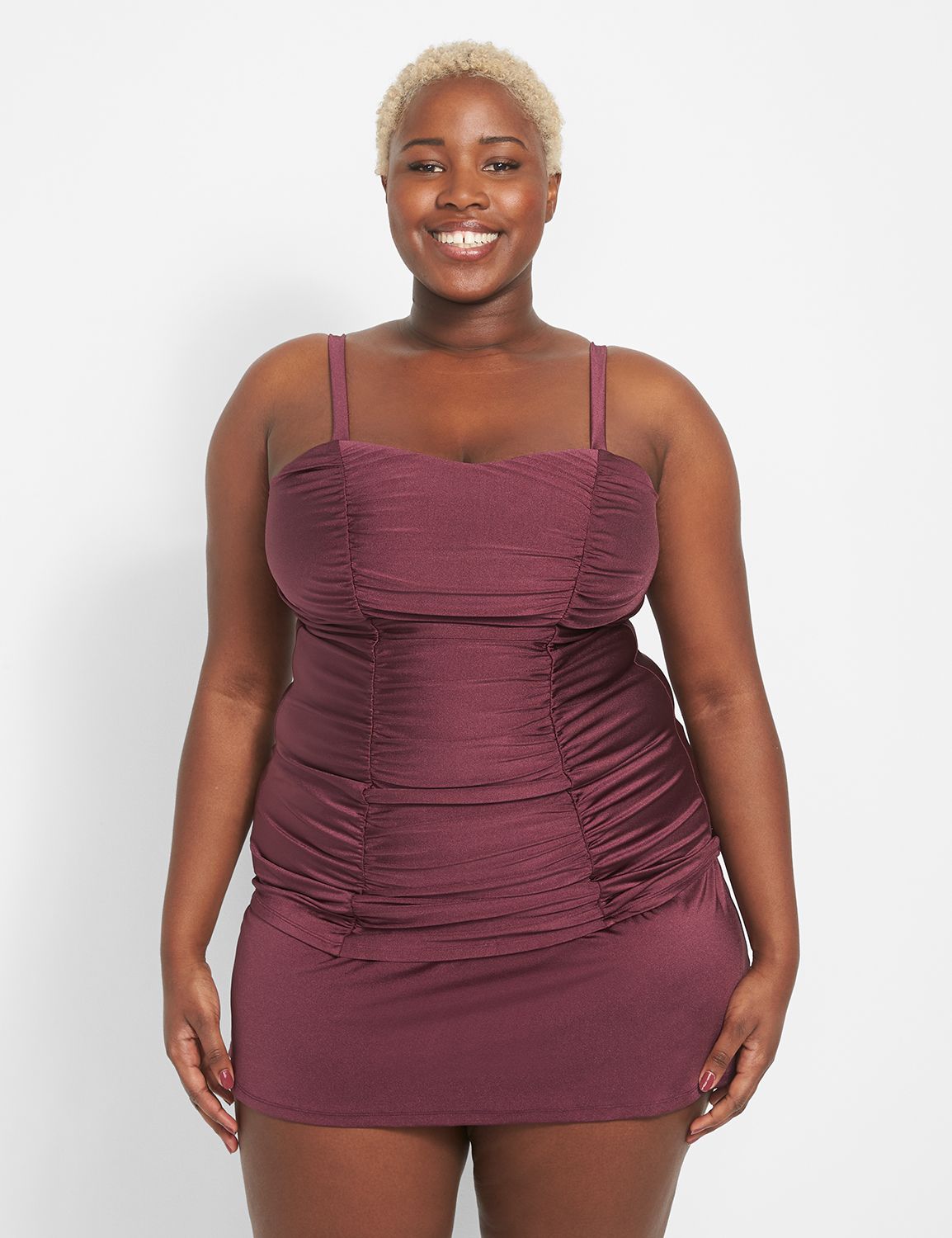 Plus Size | No-Wire Fitted Ruched Shimmer Swim Tankini Top | LaneBryant