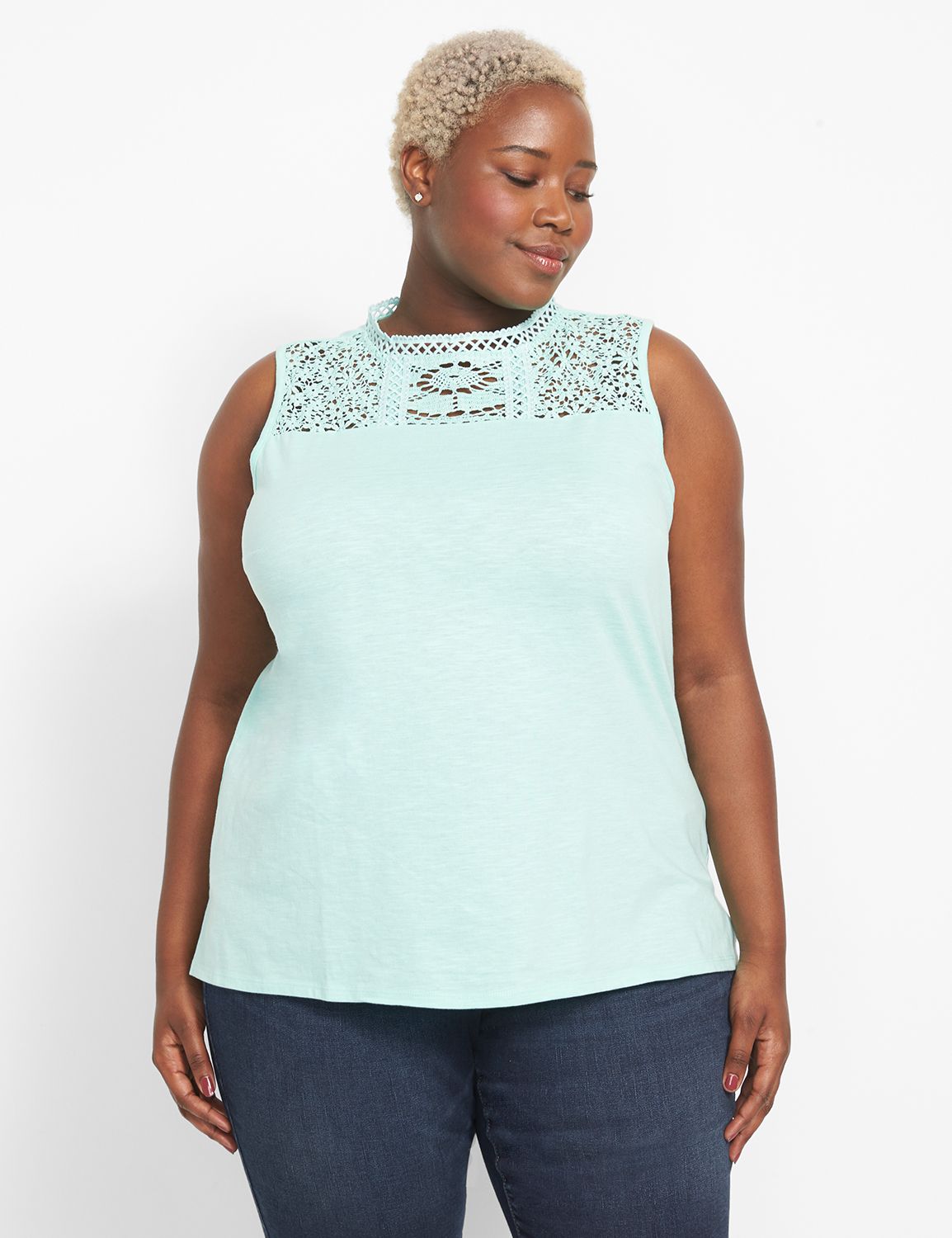 Classic Mock-Neck Tank With Lace Yoke | LaneBryant