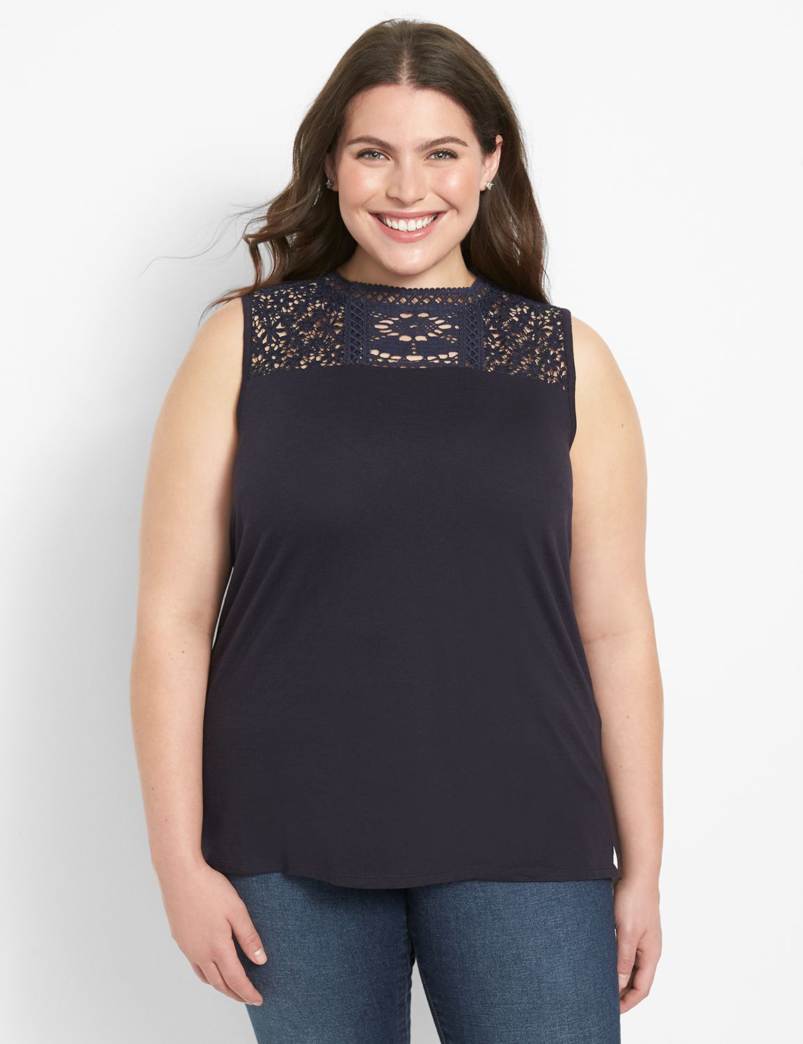 Sleeveless Mock Neck Lace Yoke Tank | LaneBryant