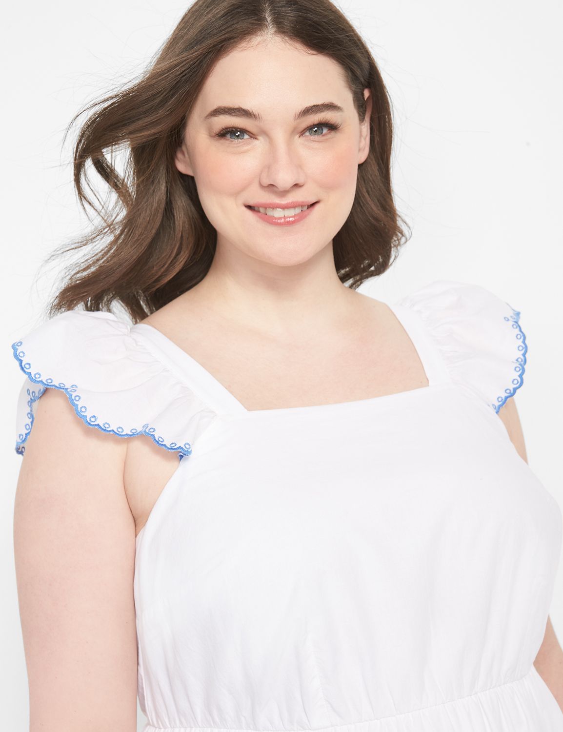 Short Flutter-Sleeve Square-Neck Embroidered Dress