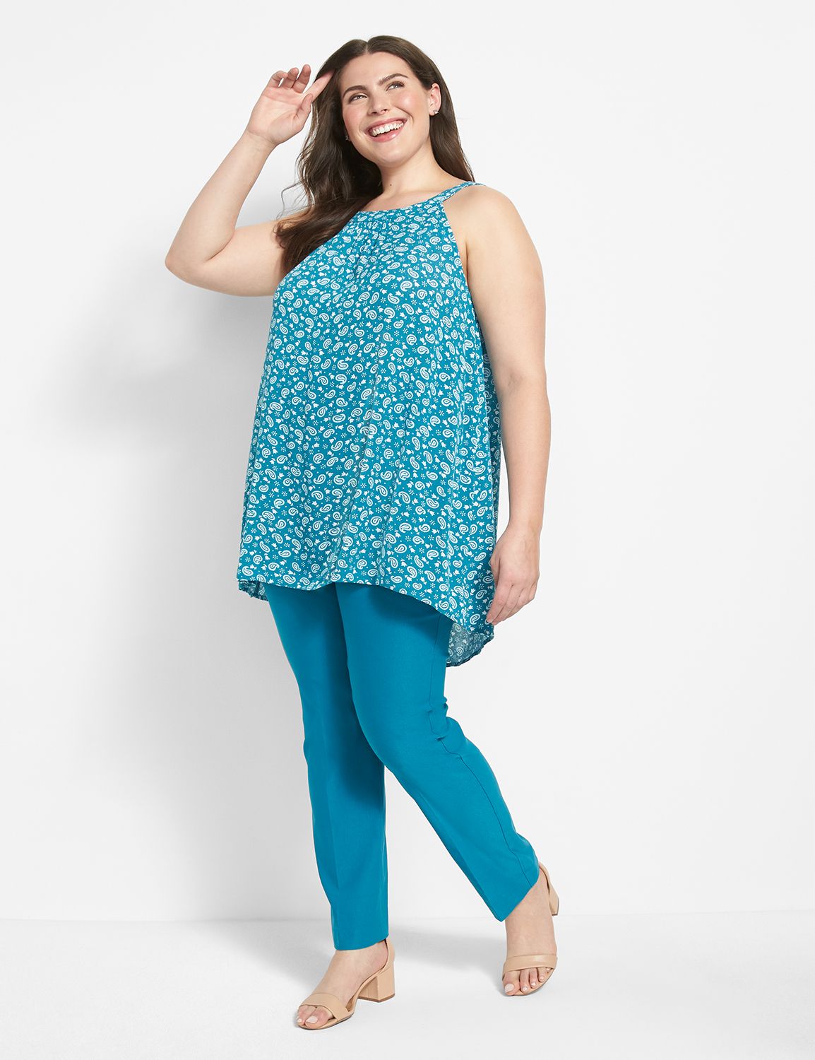 Sleeveless Hi-Lo Shirred Neck Halte