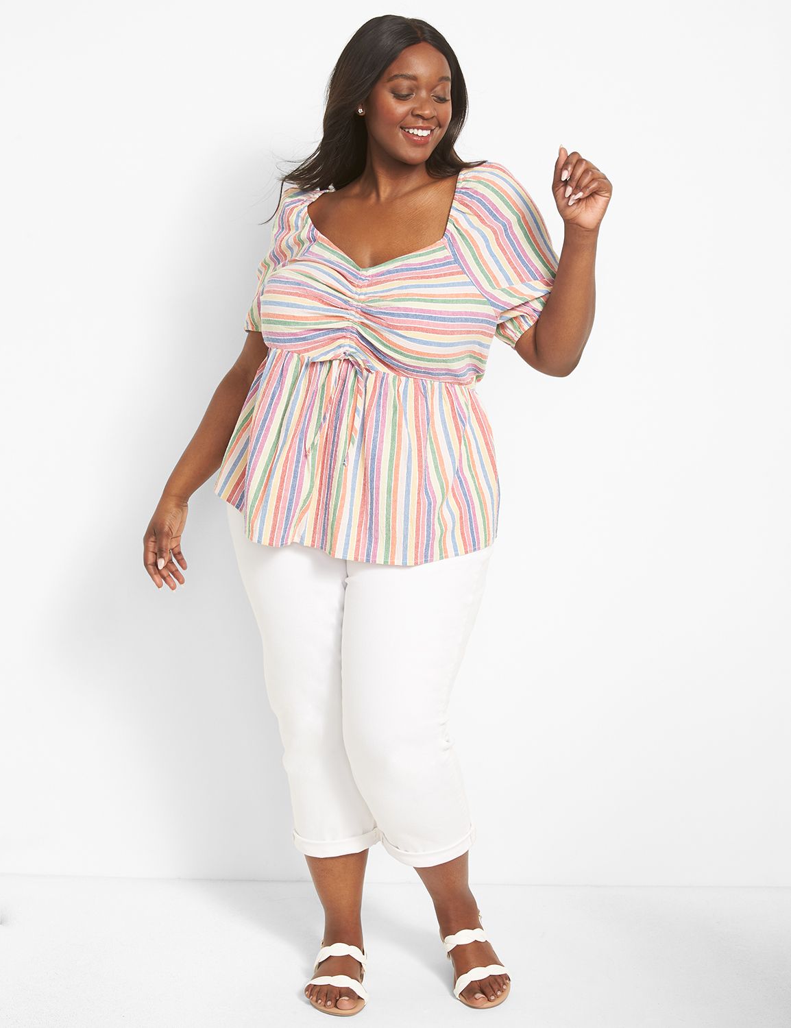 Short Sleeve Wide V Neck Shirred Fr | LaneBryant