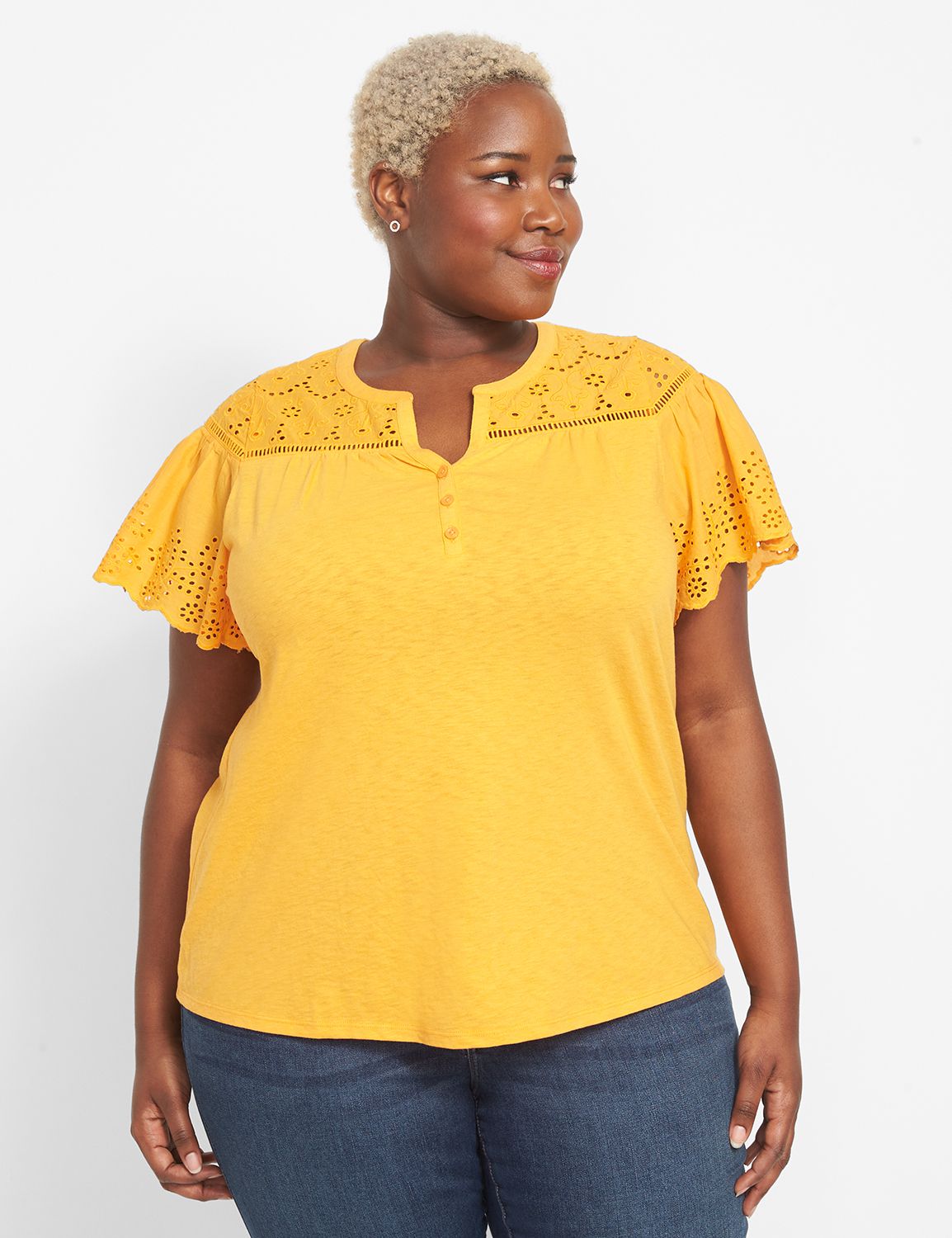 Short Flutter Sleeve Henley Knit To