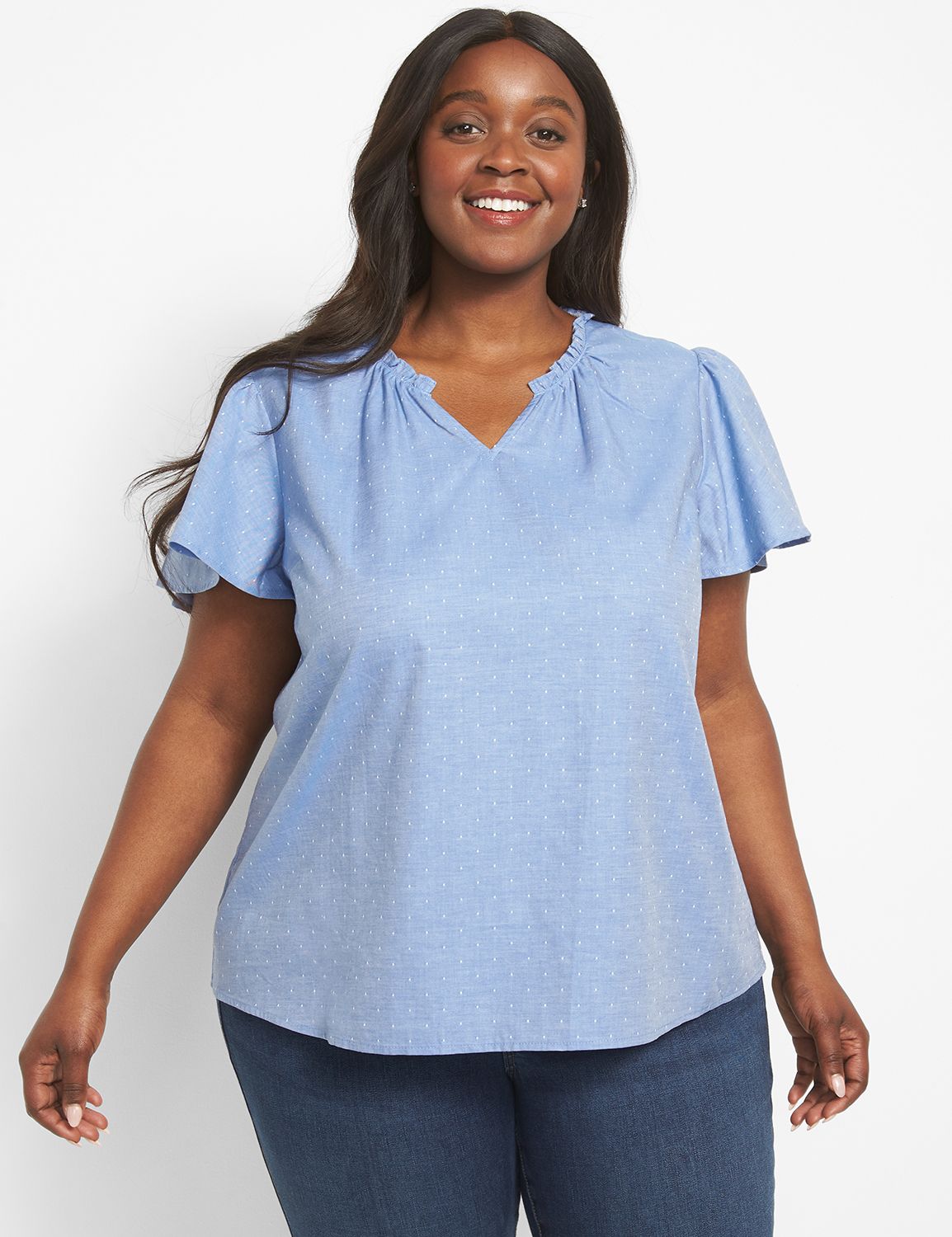 Classic Short-Sleeve Ruffle Notch-Neck Blouse