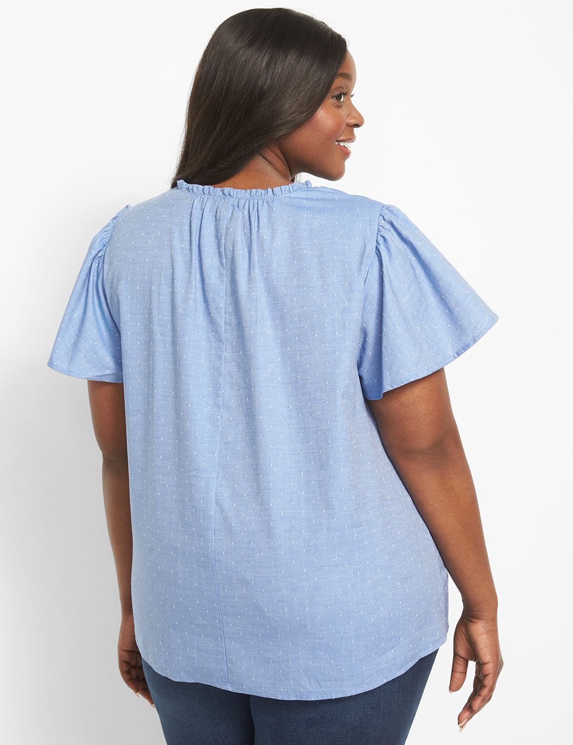 Classic Short-Sleeve Ruffle Notch-Neck Blouse