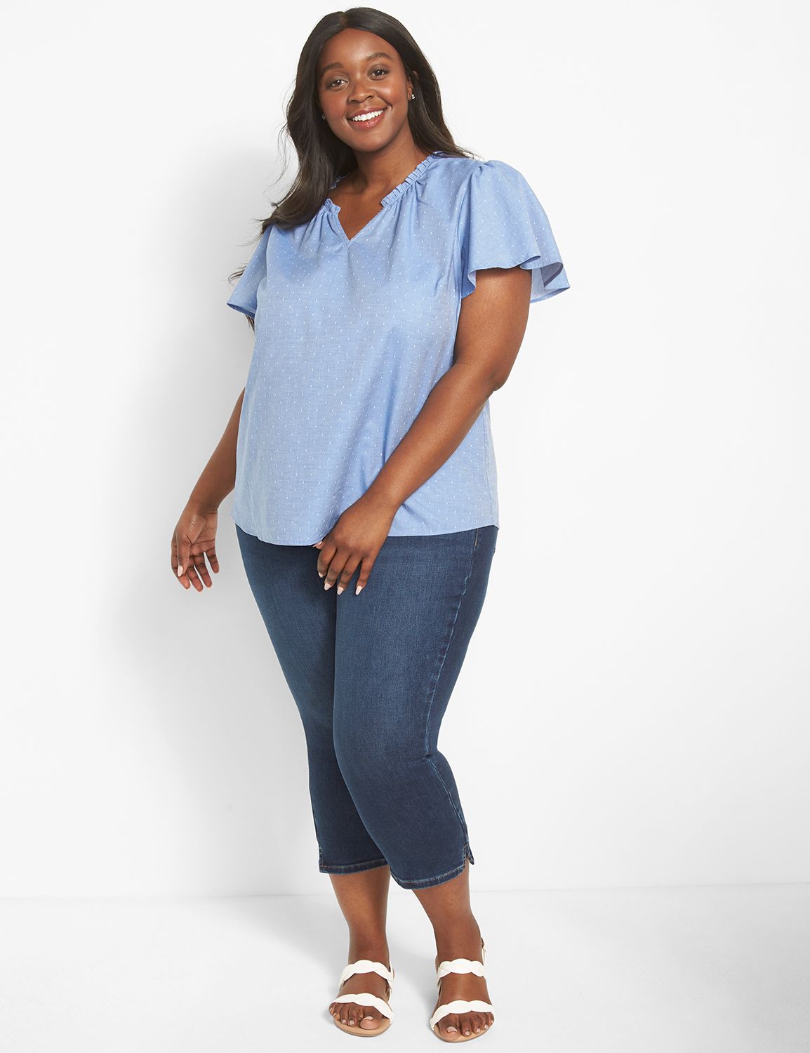 Classic Short-Sleeve Ruffle Notch-Neck Blouse