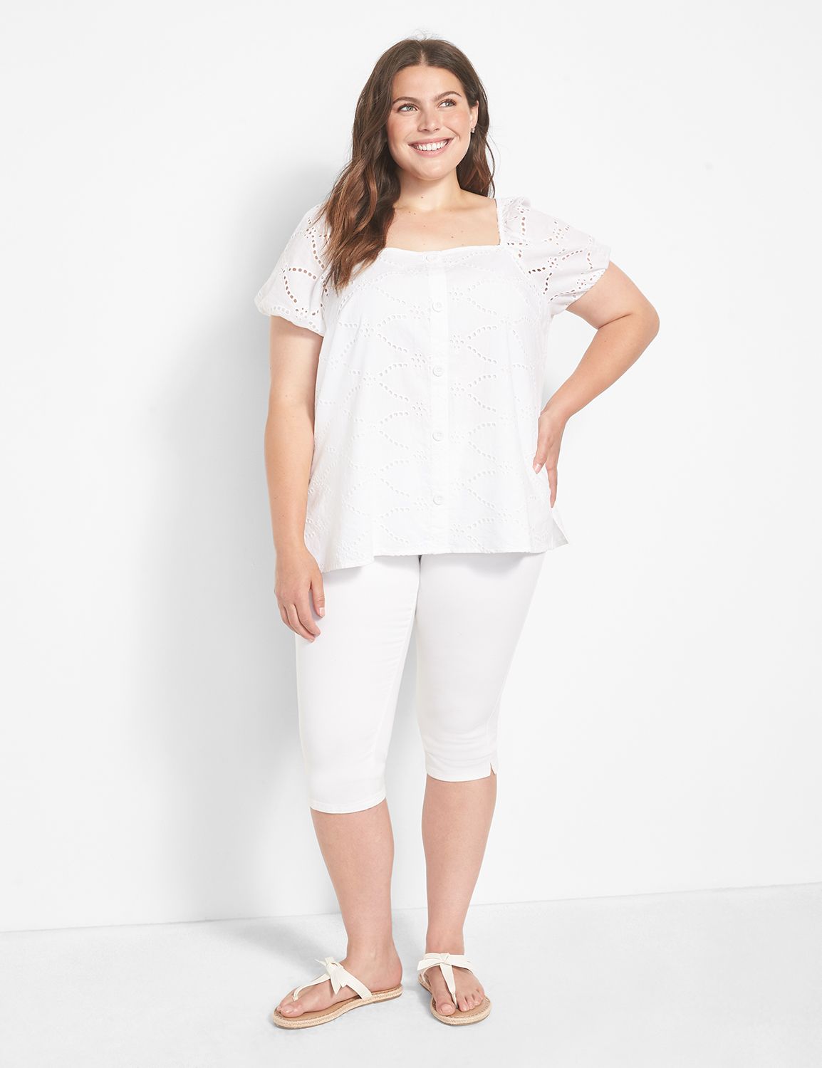 Short Sleeve Square Neck Button Dow