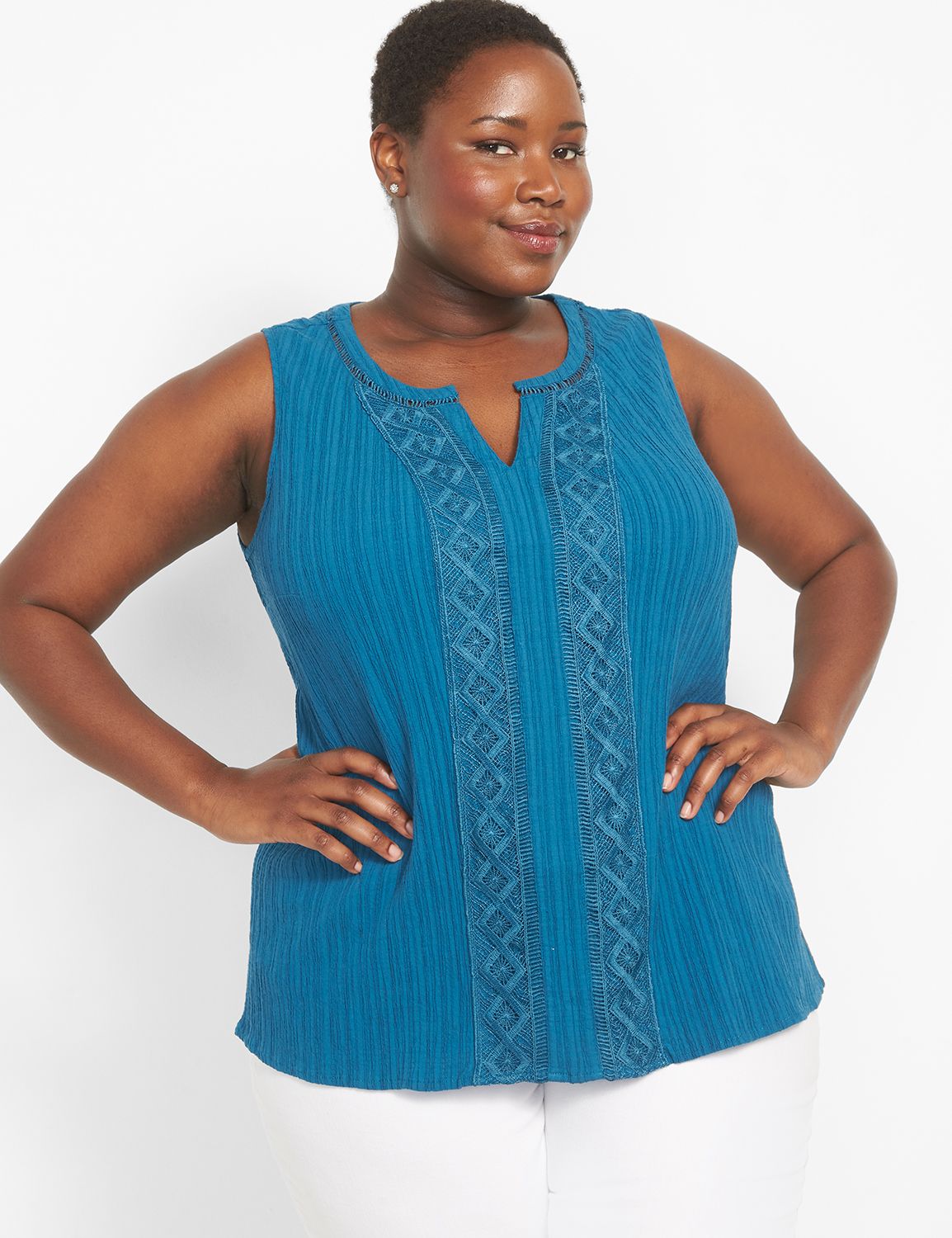 Sleeveless Split Neck Top w Top-App | LaneBryant