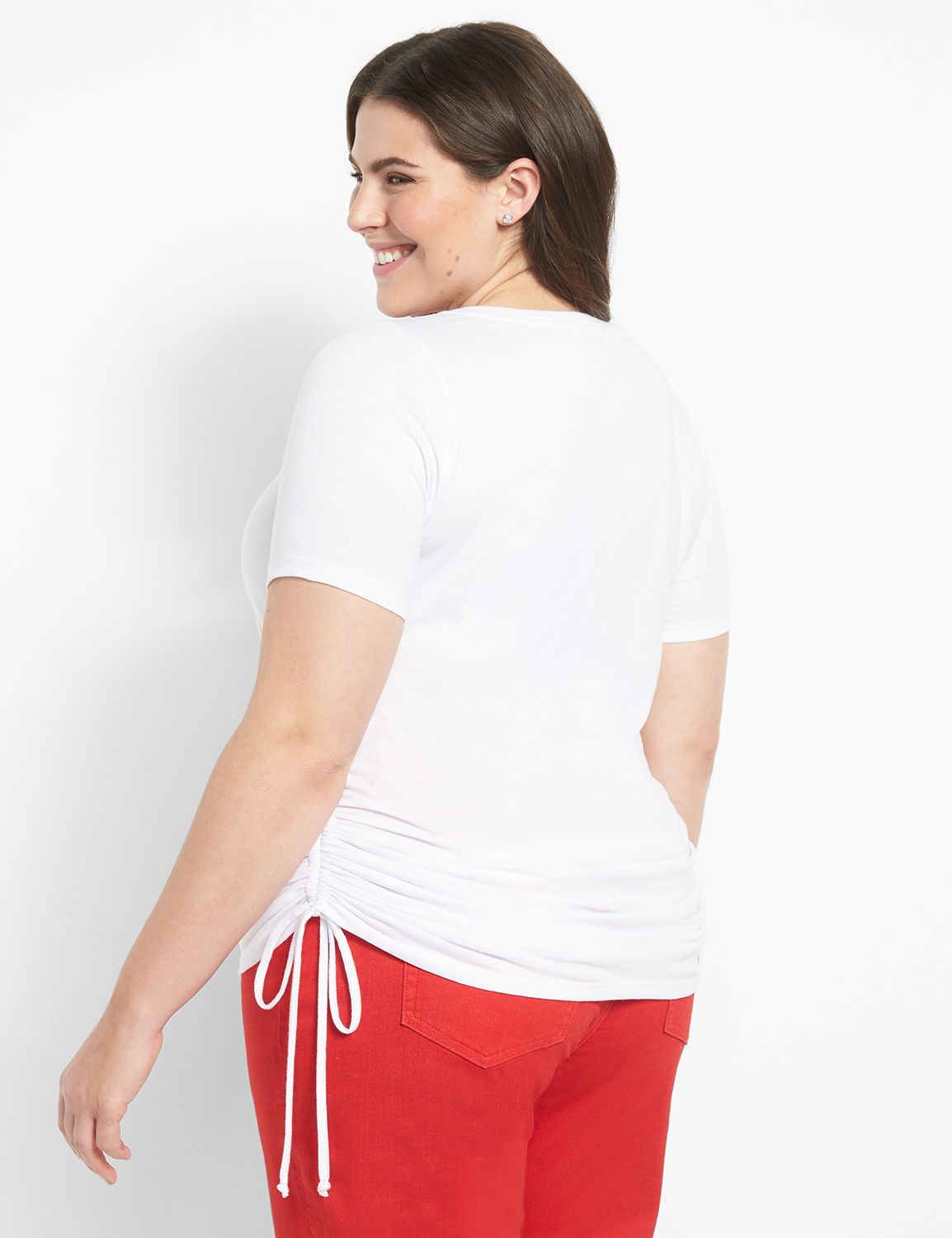 Short Sleeve Open Crew Neck Side Ru | LaneBryant
